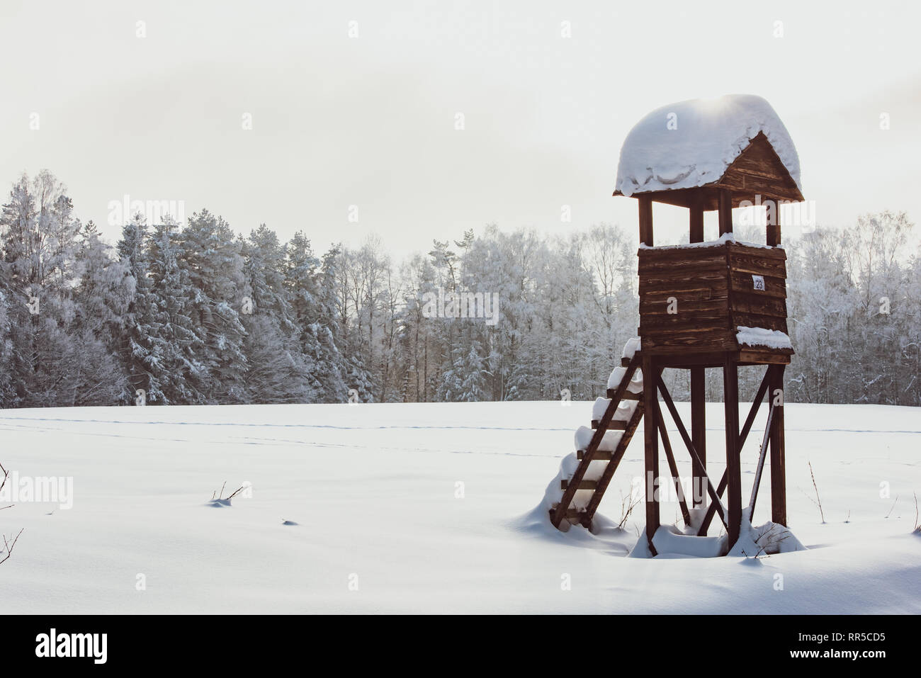 Simple wooden hunting box covered in snow. Hunting deer blind next to a ...