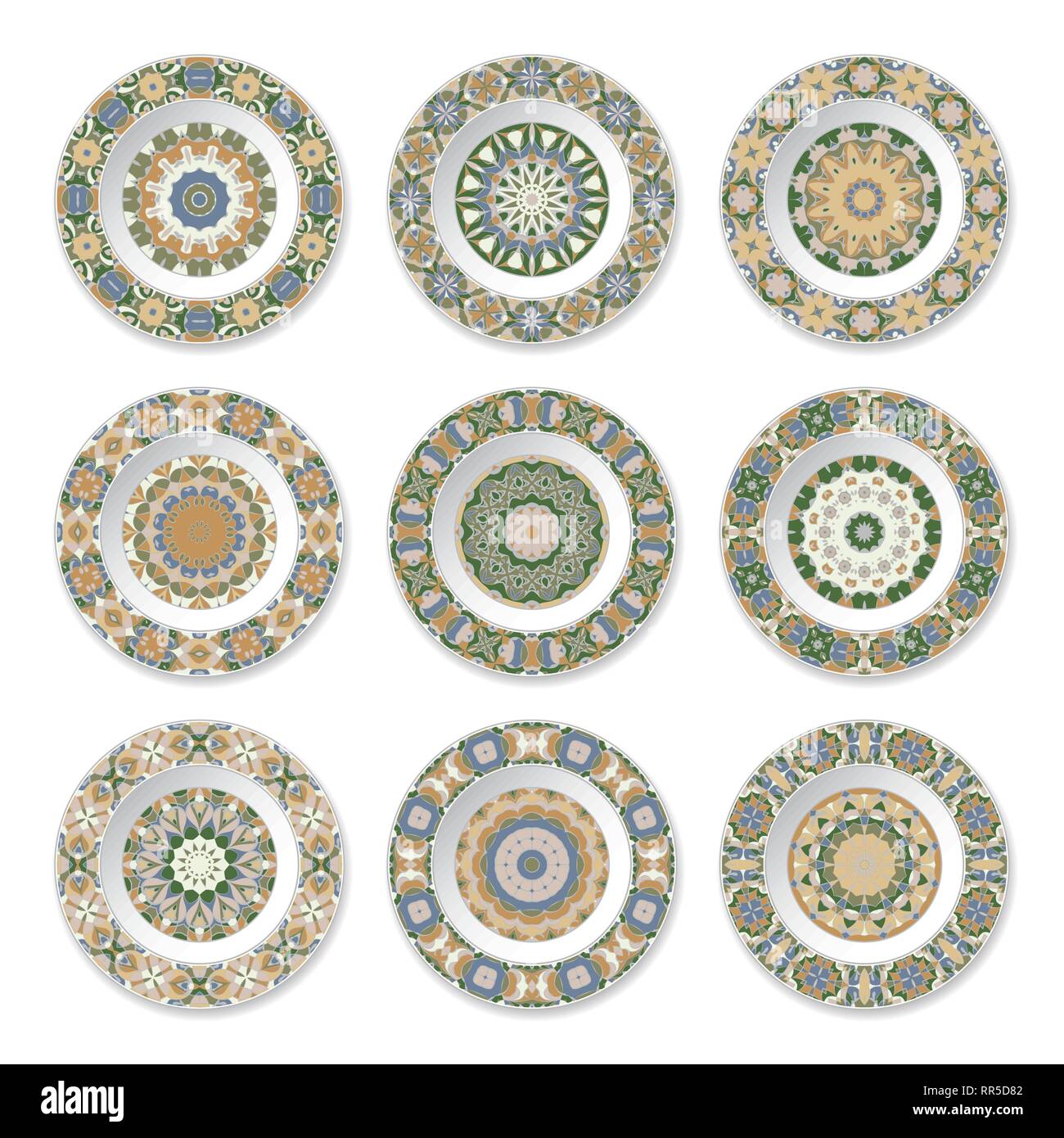 Set of nine decorative plates with a circular green pattern, top view ...