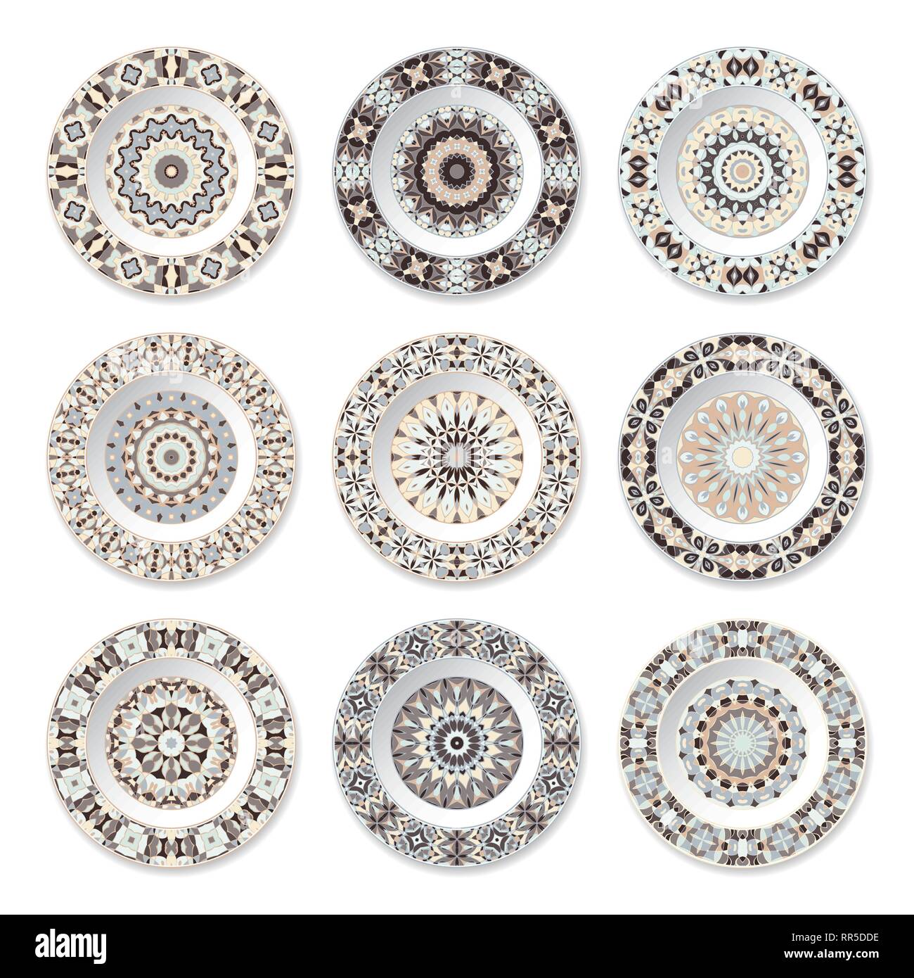 Set of nine decorative plates with a circular colored pattern, top view ...