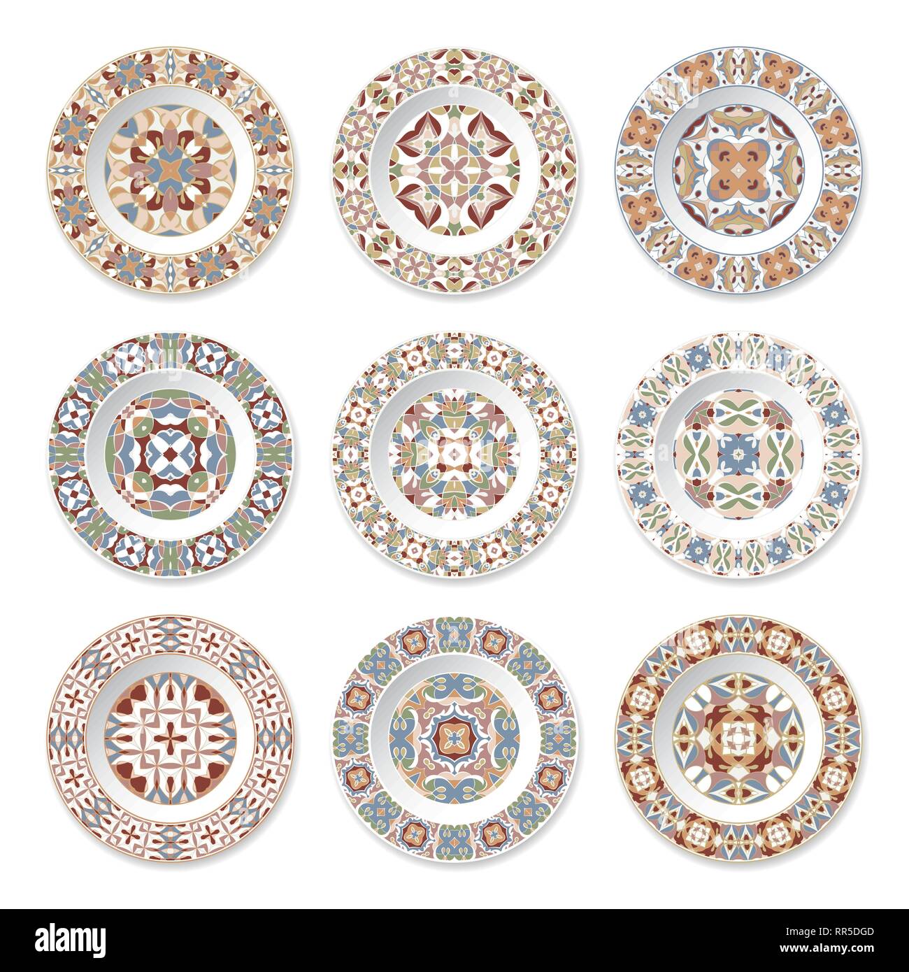 Set of nine decorative plates with a circular colored pattern, top view ...