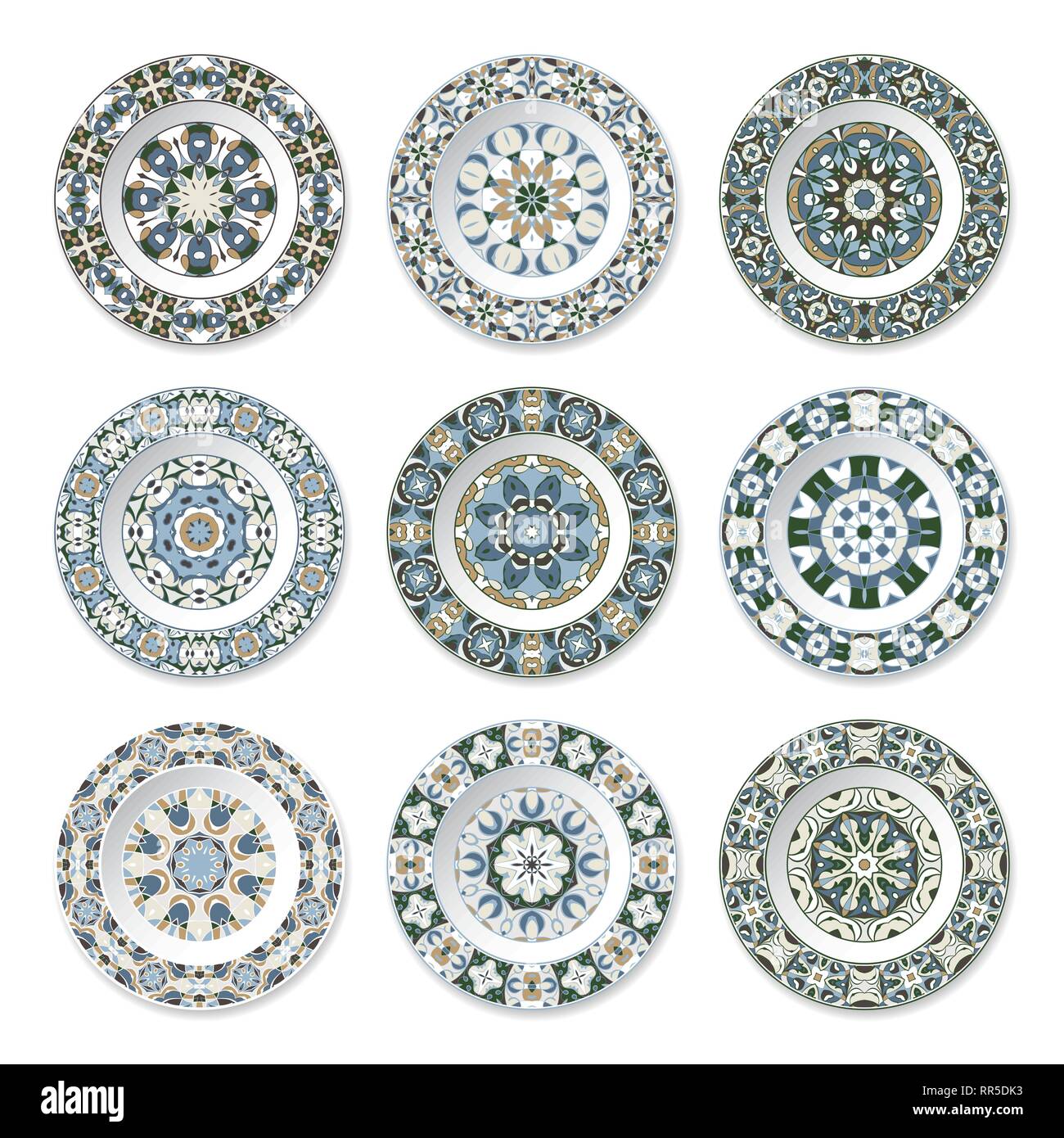 Set of nine decorative plates with a circular colored pattern, top view ...