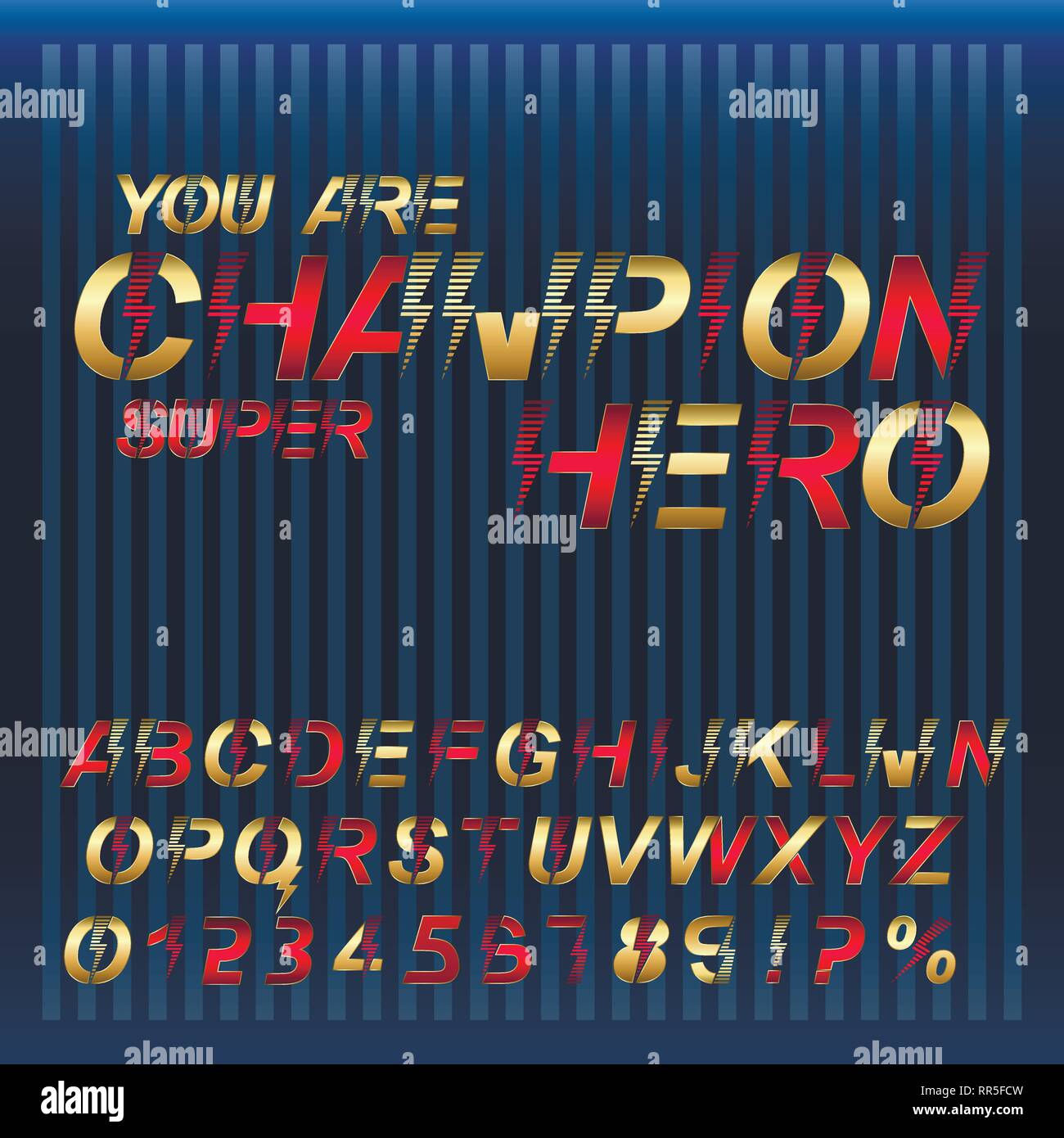 Champion Super hero font alphabet. Gold and red metallic letters and ...