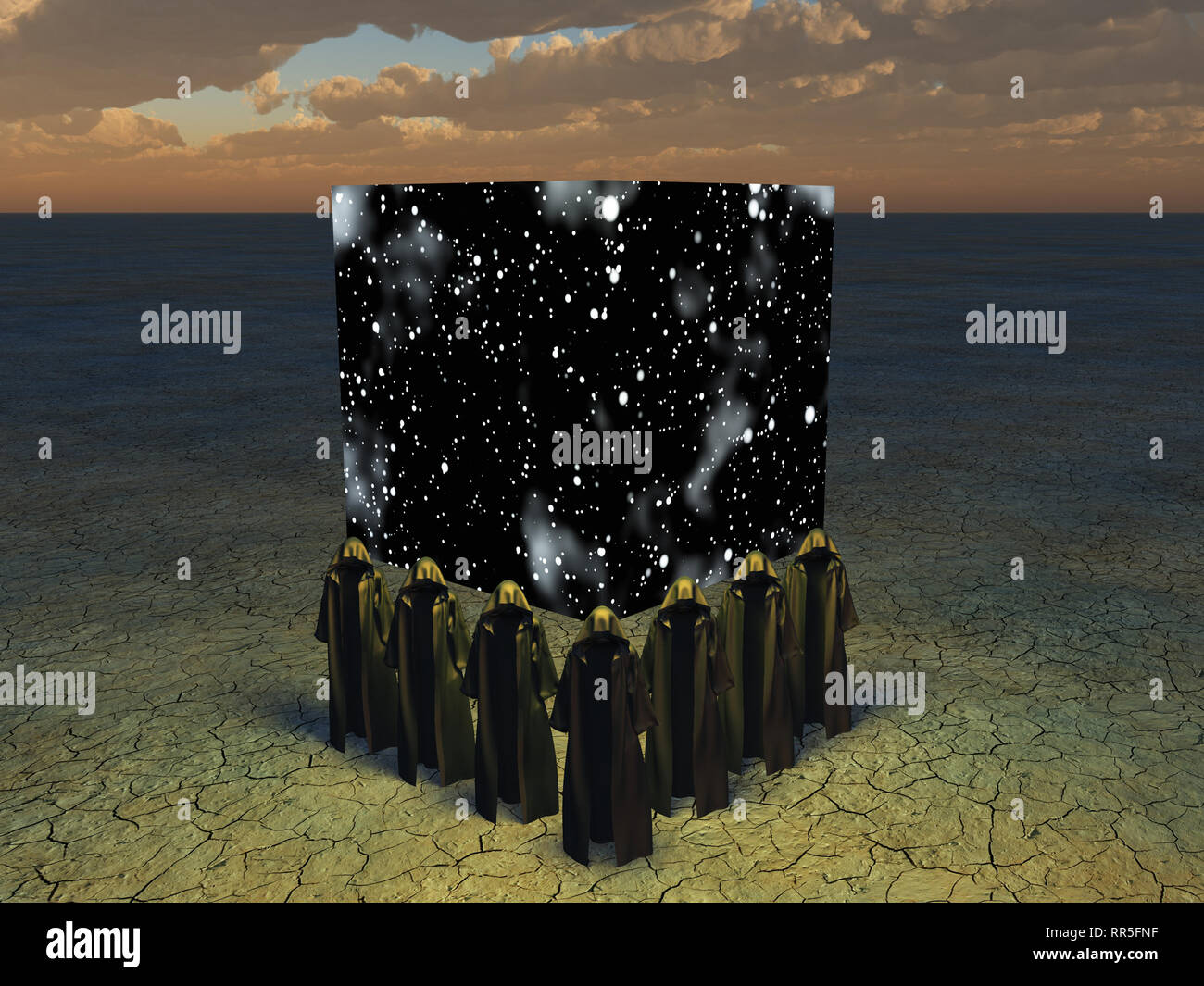 Cloaked figures before cube of space Stock Photo - Alamy