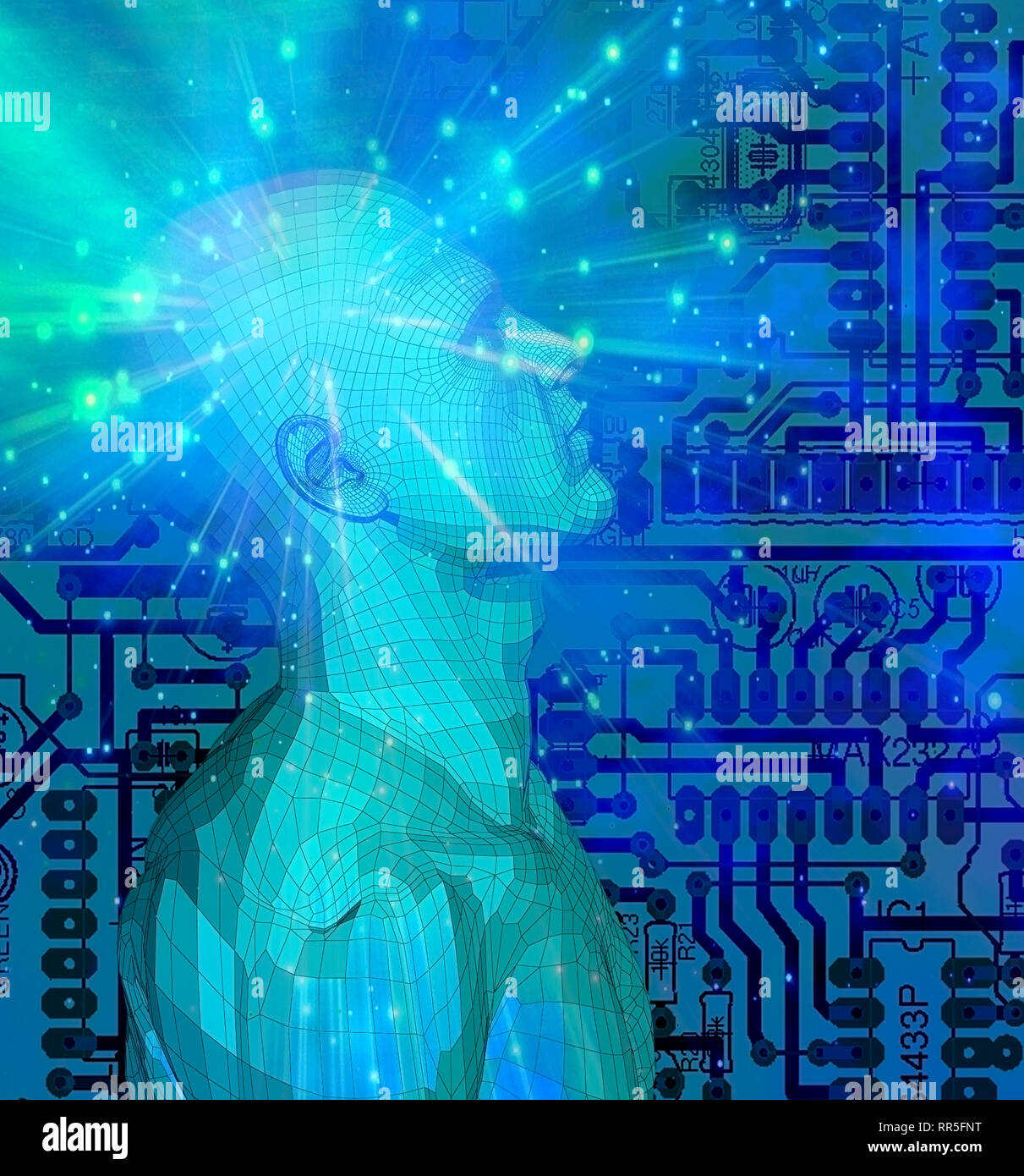 Mind Technology. Droid on electronic circuit background Stock Photo - Alamy