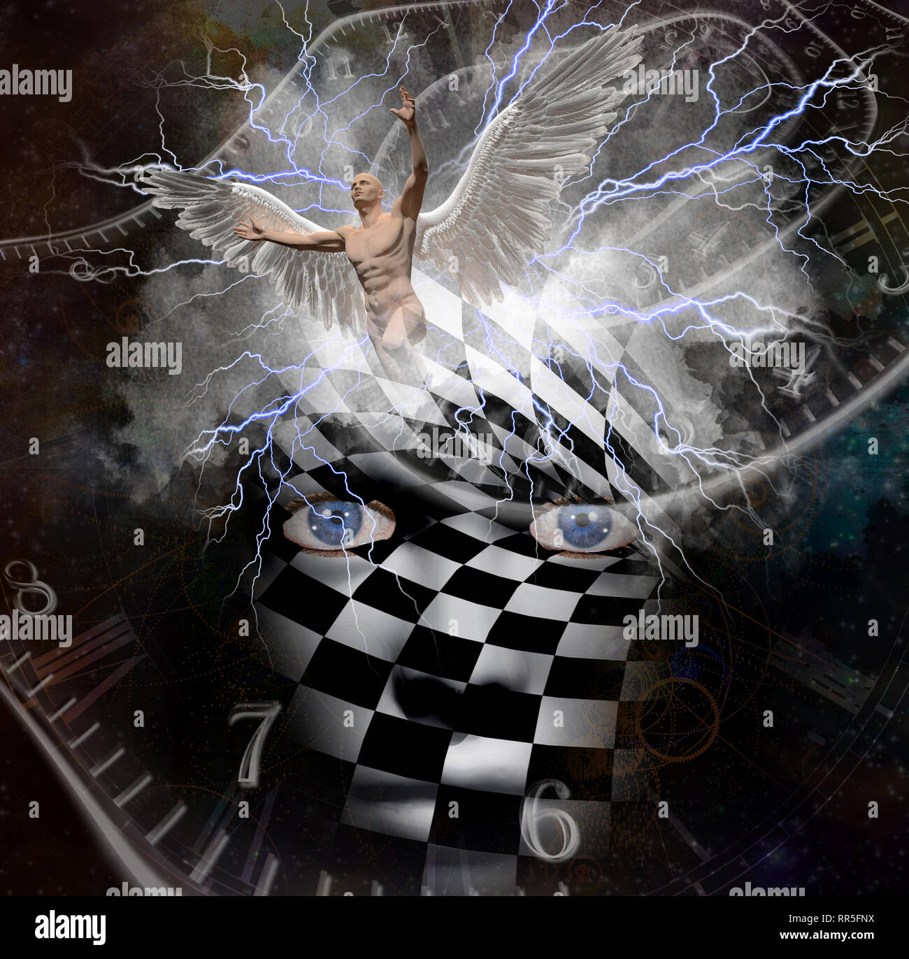 Surrealism. Woman's face with checkered pattern in vivid universe ...