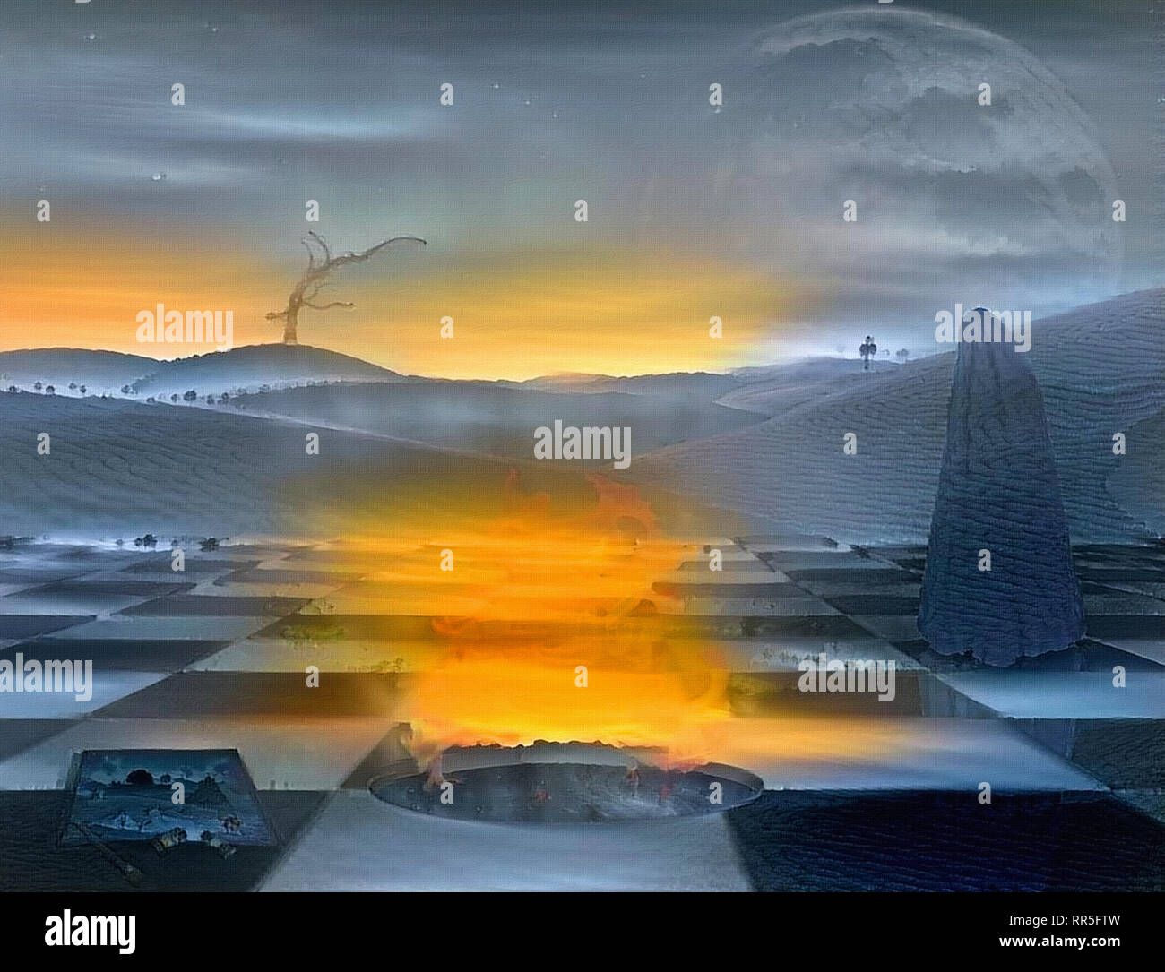 Surrealism. Chess board with burning portal to another dimension ...