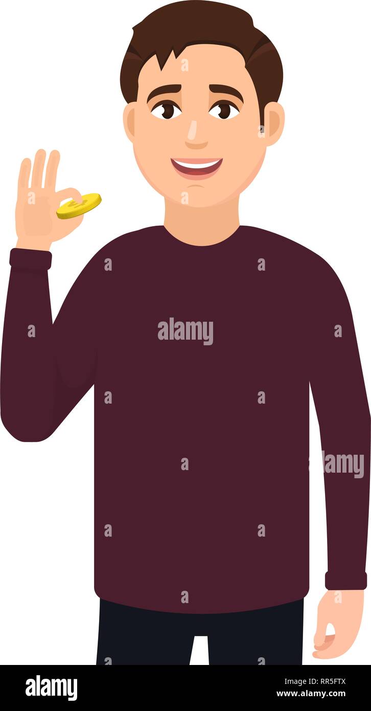 A young guy smiles and shows a gold coin. Vector illustration concept ...