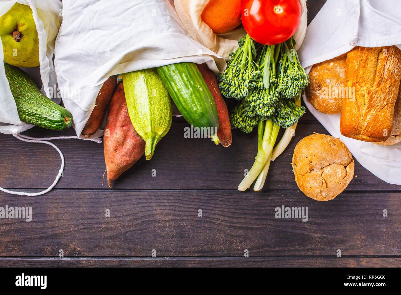 Zero waste concept. Eco bags with fruits and vegetables, copy space ...