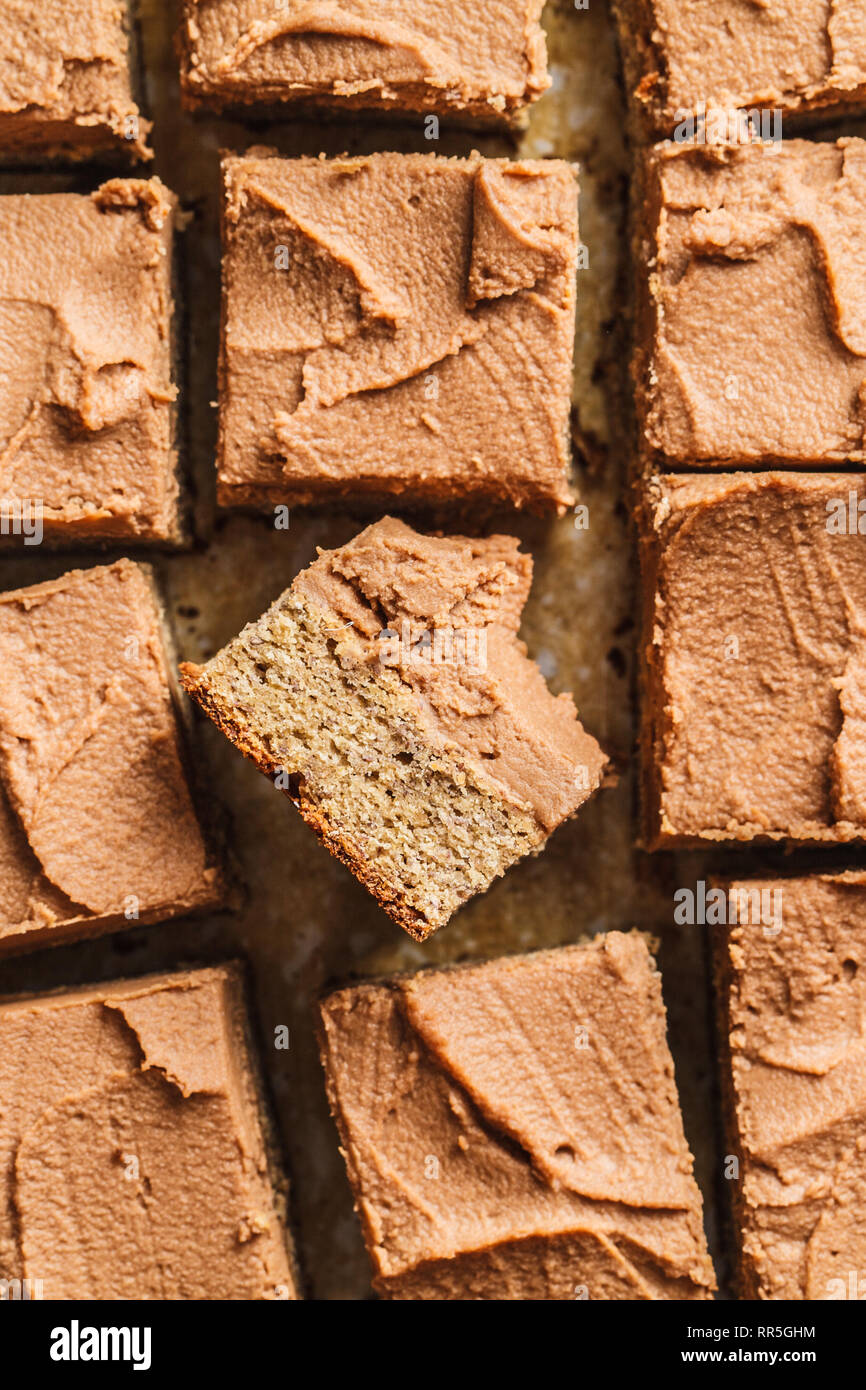 Vegan square cake with cocoa cream. Healthy plant based food concept ...