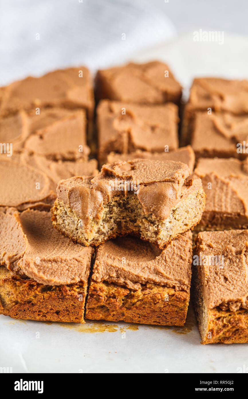 Vegan square cake with cocoa cream. Healthy plant based food concept ...