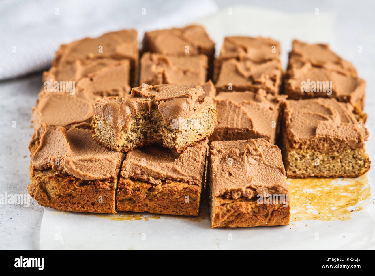 Vegan square cake with cocoa cream. Healthy plant based food concept ...