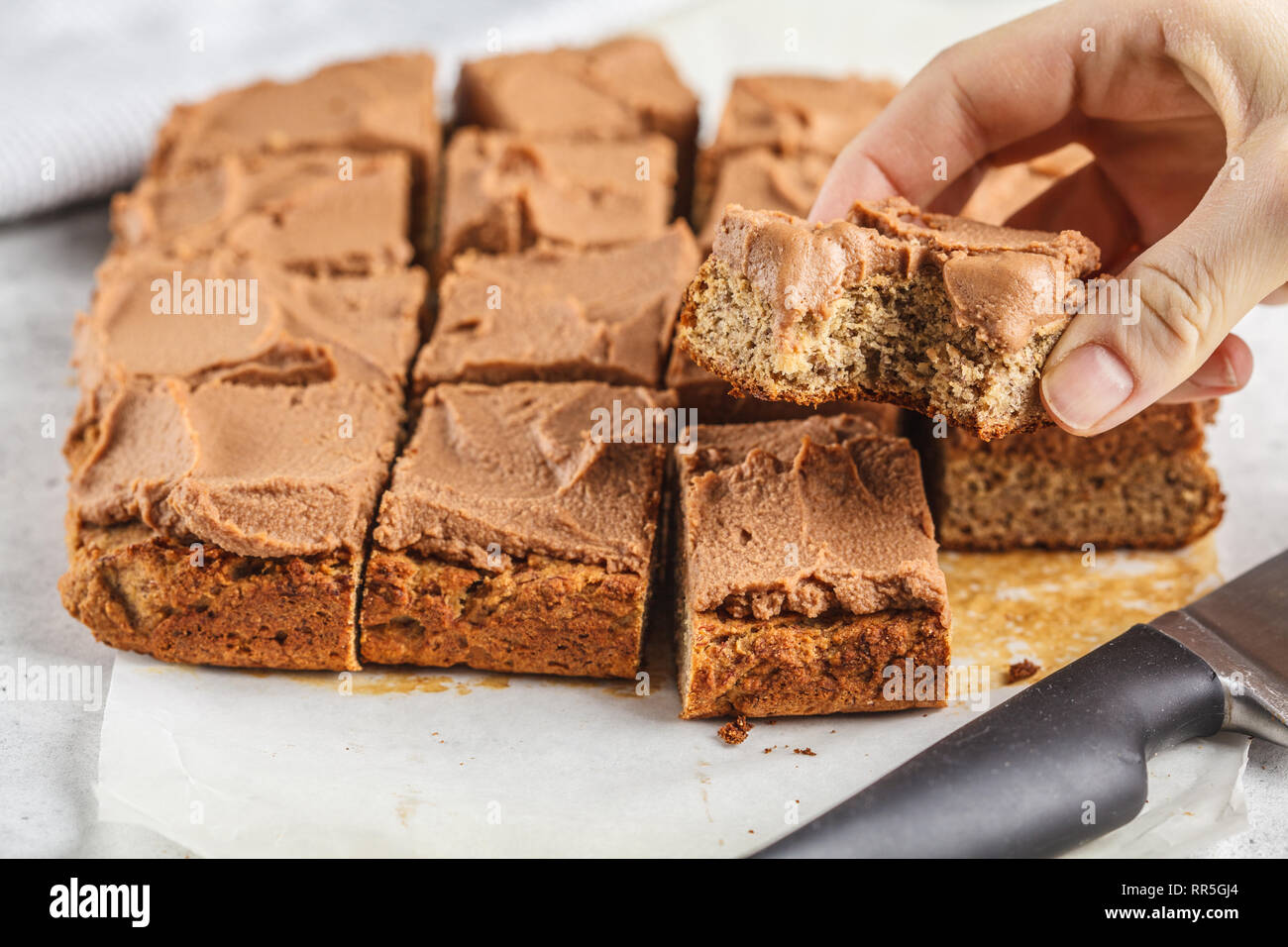 Vegan square cake with cocoa cream. Healthy plant based food concept ...