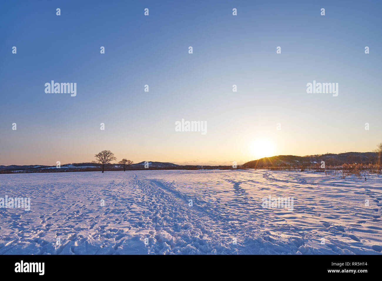 Beautiful Sunset scenic of Toyokoro city near Tokachi river in winter ...