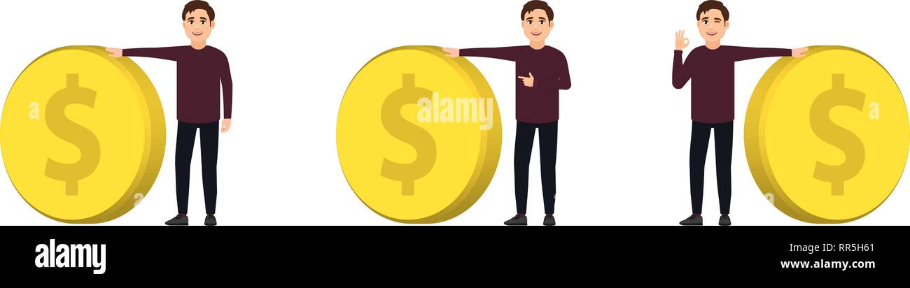 A young guy stands near a golden coin, looks and smiles, a happy ...