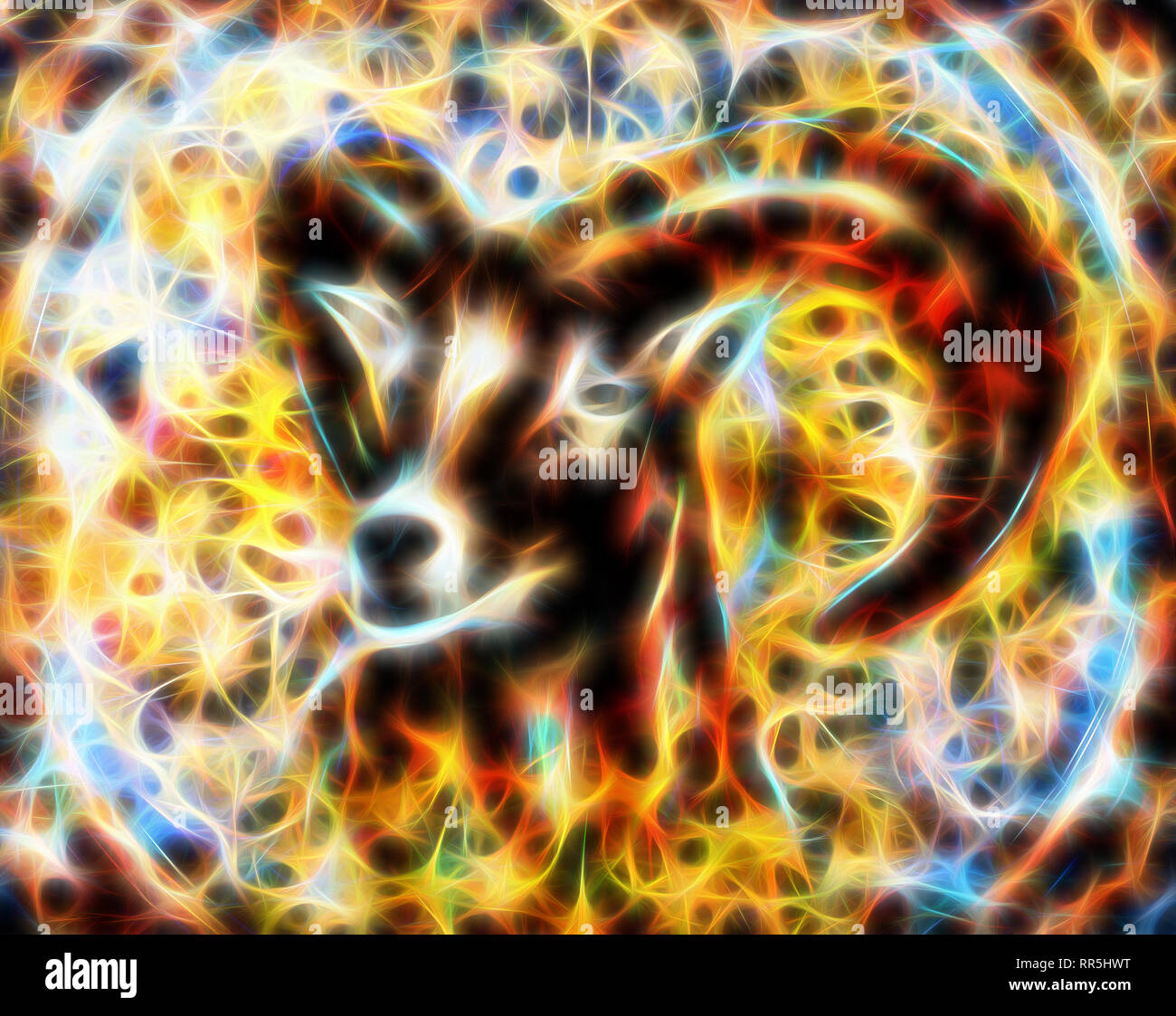 Drawing of male wild sheep with mighty horns, fractal effect Stock ...