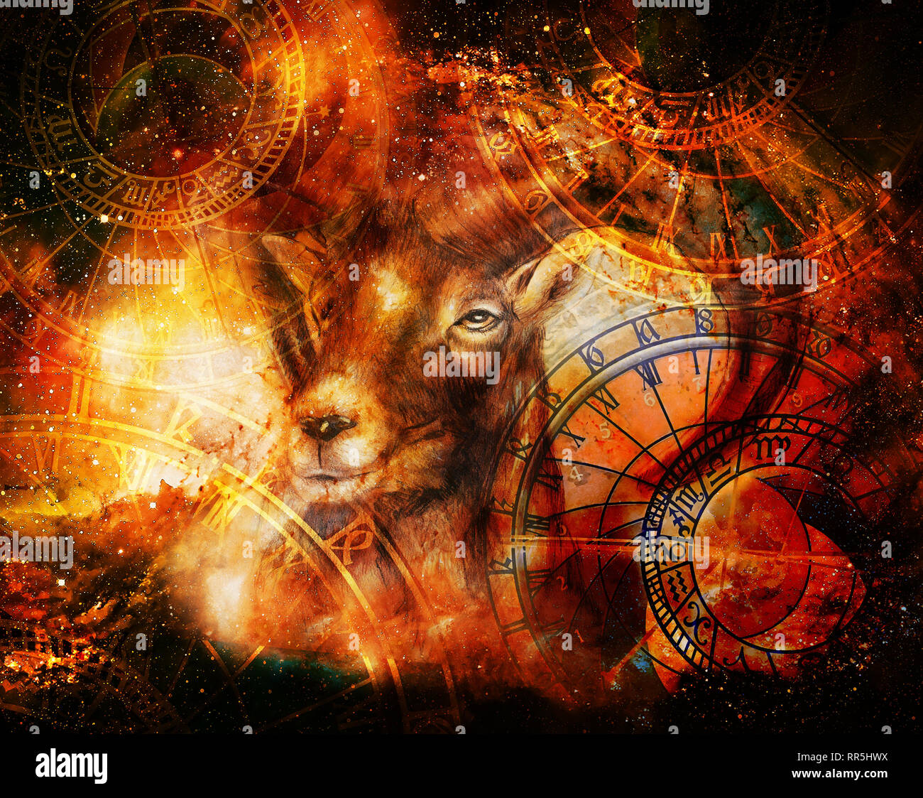 Drawing of male wild sheep with mighty horns and zodiac in cosmic space ...