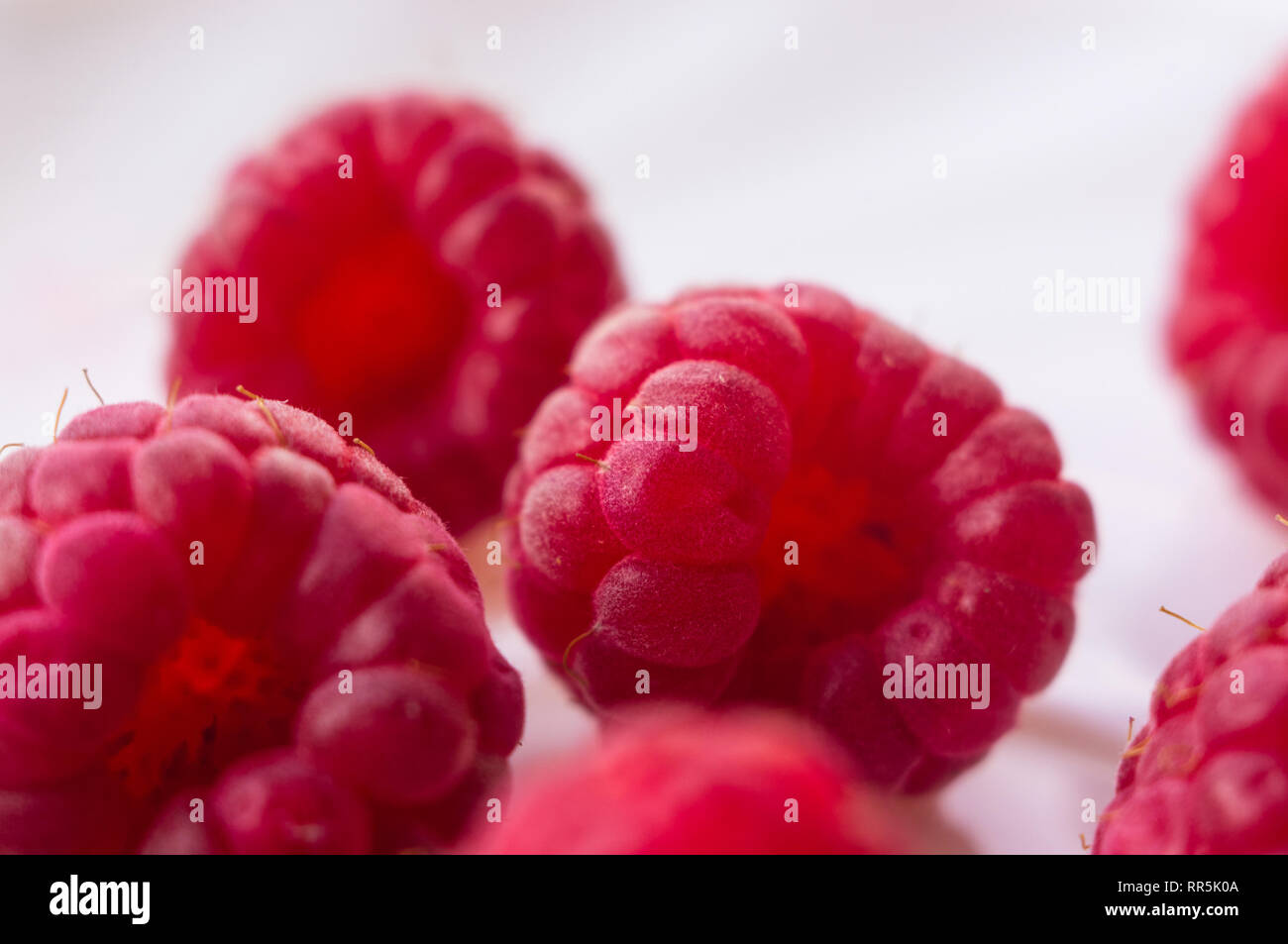 big fresh juicy raspberries on a white saucer close up, selected focus ...