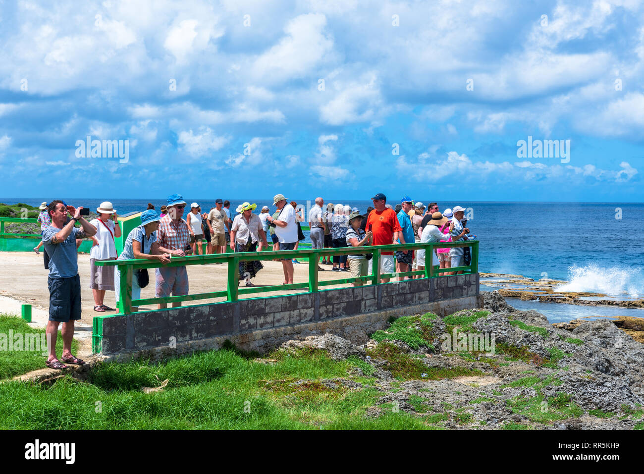 Coastline, Tonga -- March 10, 2019. Tourists gather on a platform by ...