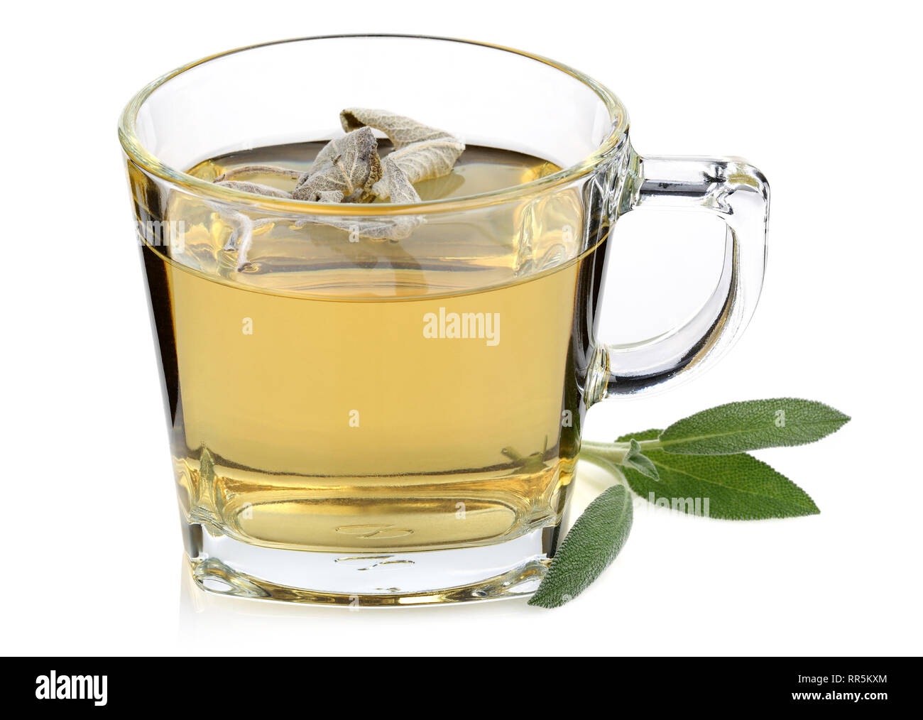 Sage tea and sage leaves isolated on white background Stock Photo - Alamy