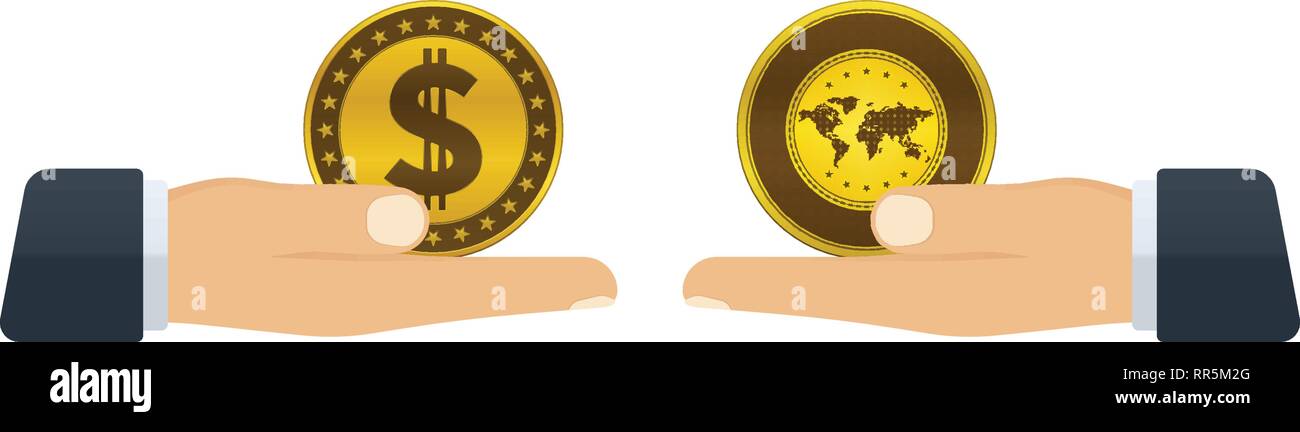 Hands giving dollar and gold to each other on white background ...