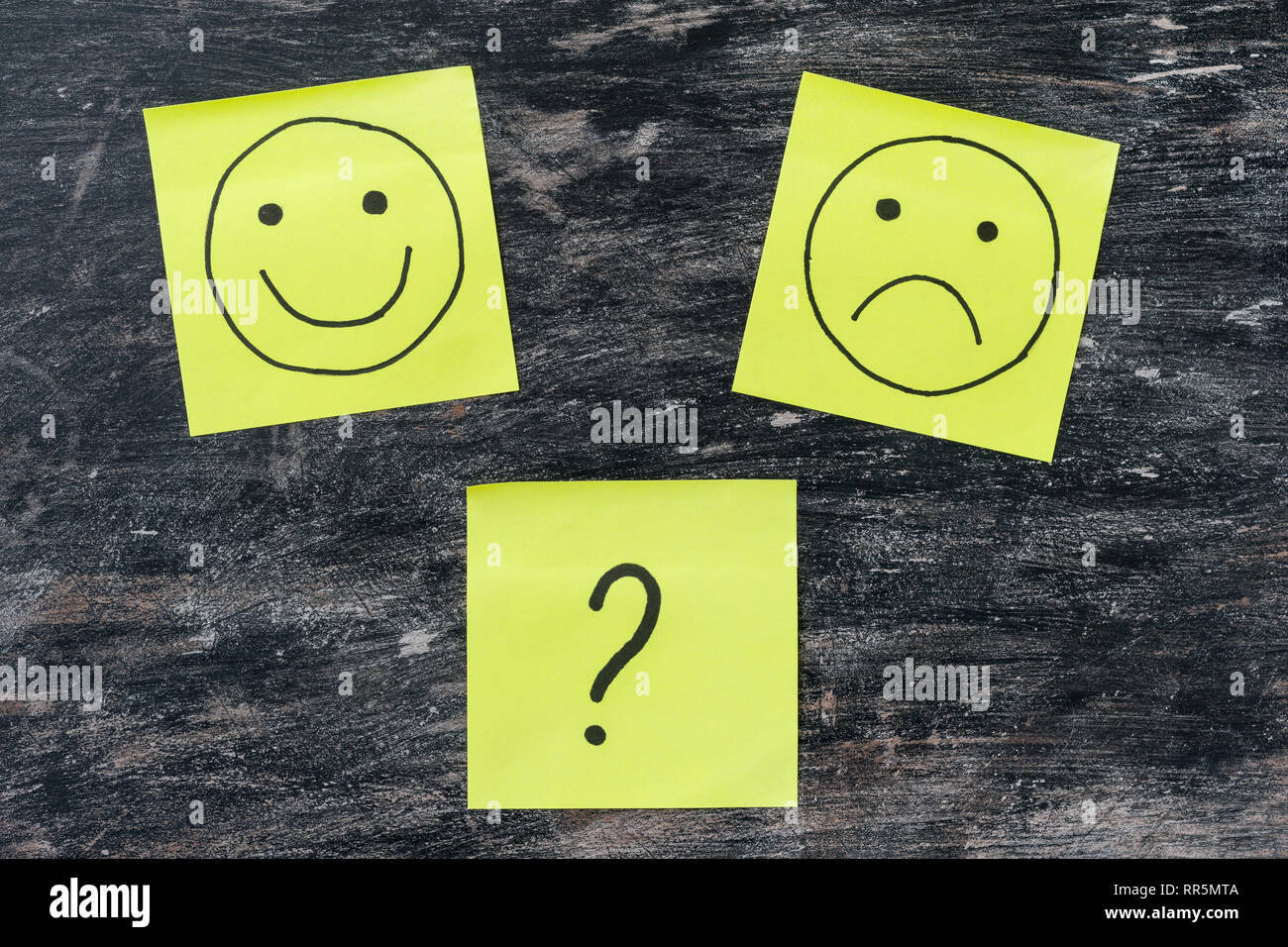 Hand drawing unhappy and happy smileys. Choice, question mark Stock ...