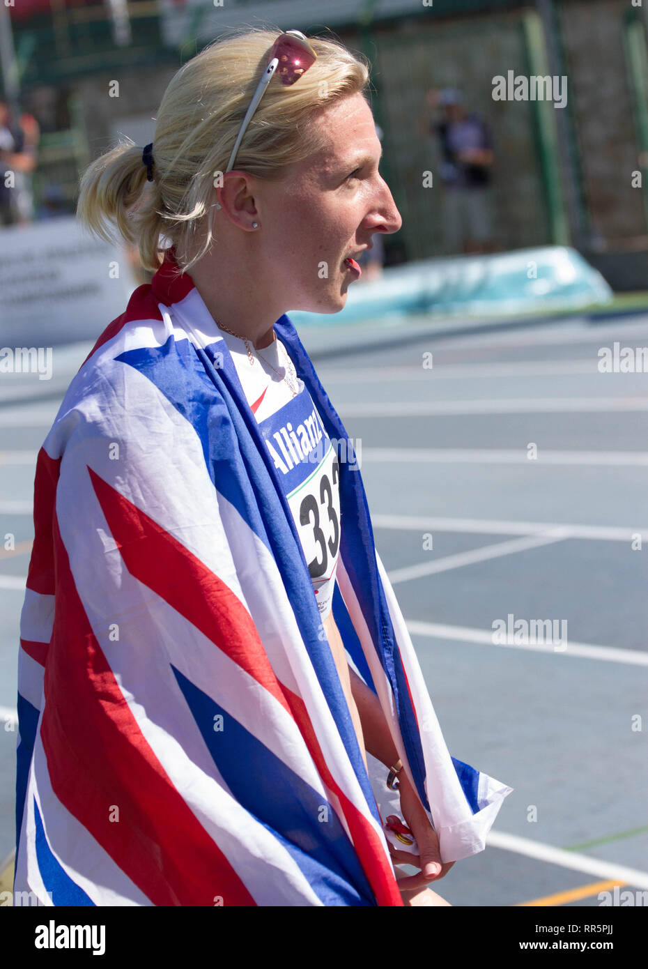 Georgie Hermitage (GBR) seen draped in the British Flag after the race ...