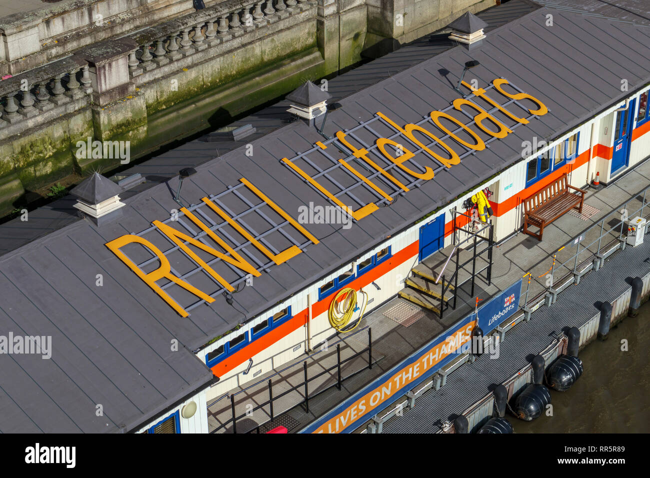 'RNLI LIfeboats' wording on the roof of the RNLI lifeboat pier Tower ...