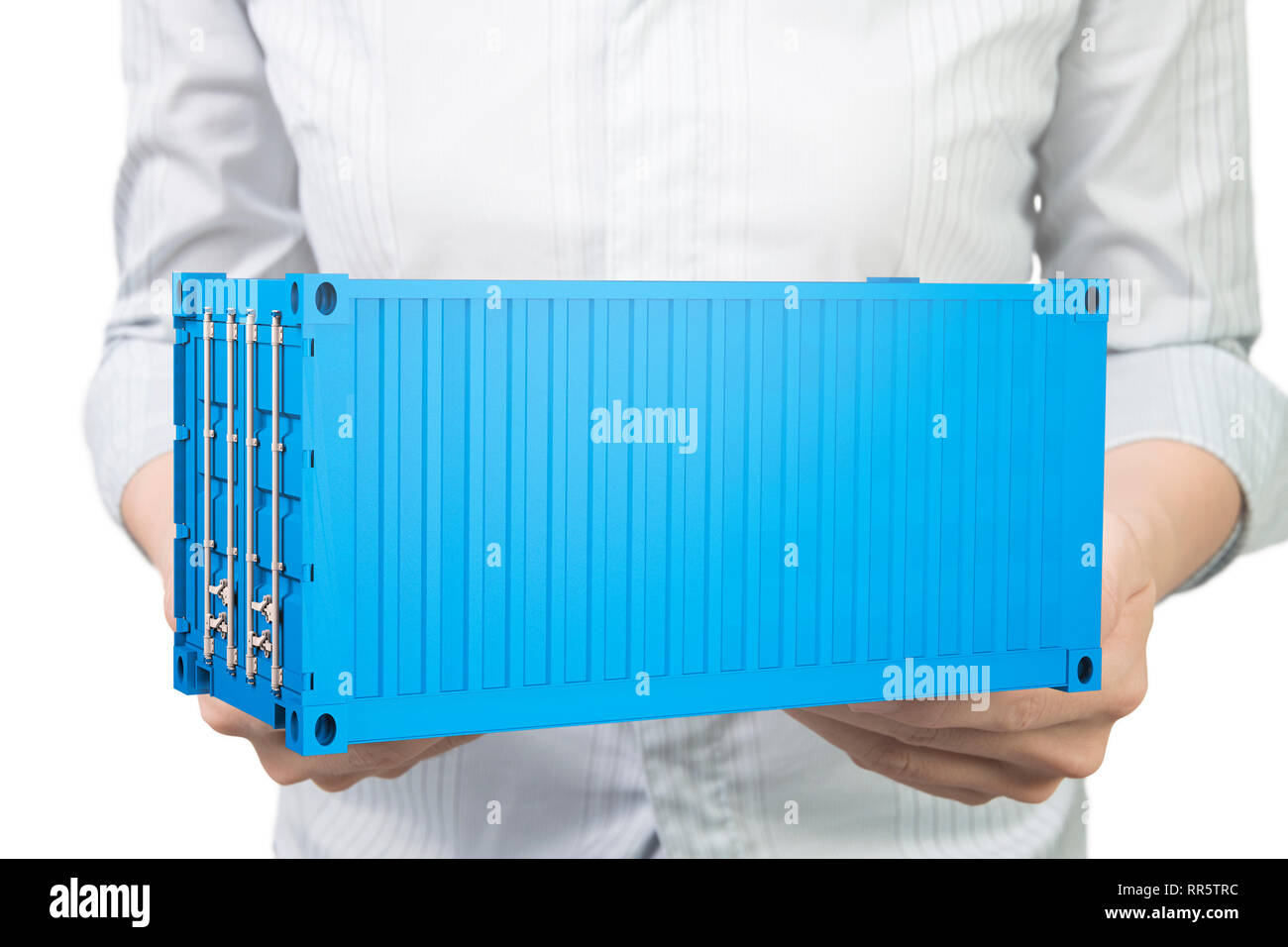 Woman hands holding 3d blue cargo container, isolated on white ...