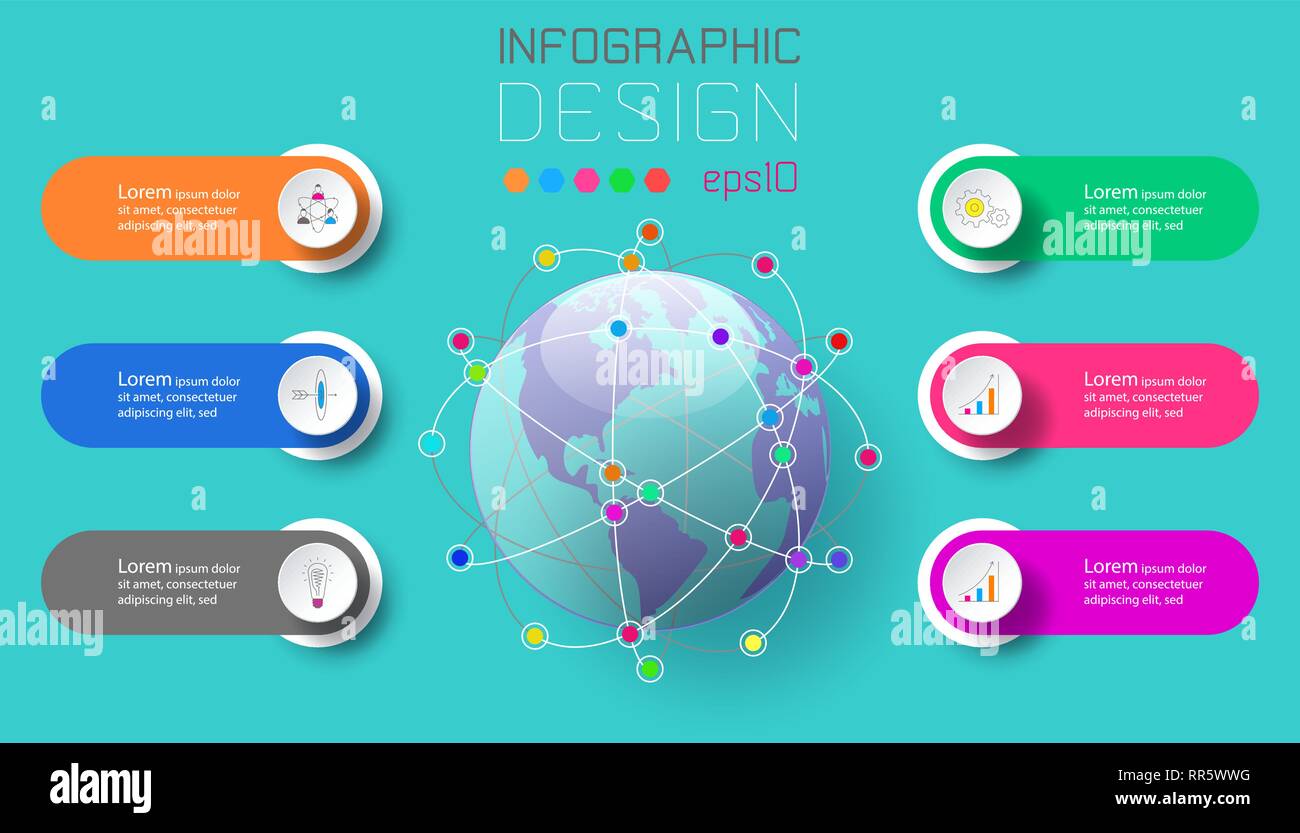Six labels with business icon and world map at center infographics ...