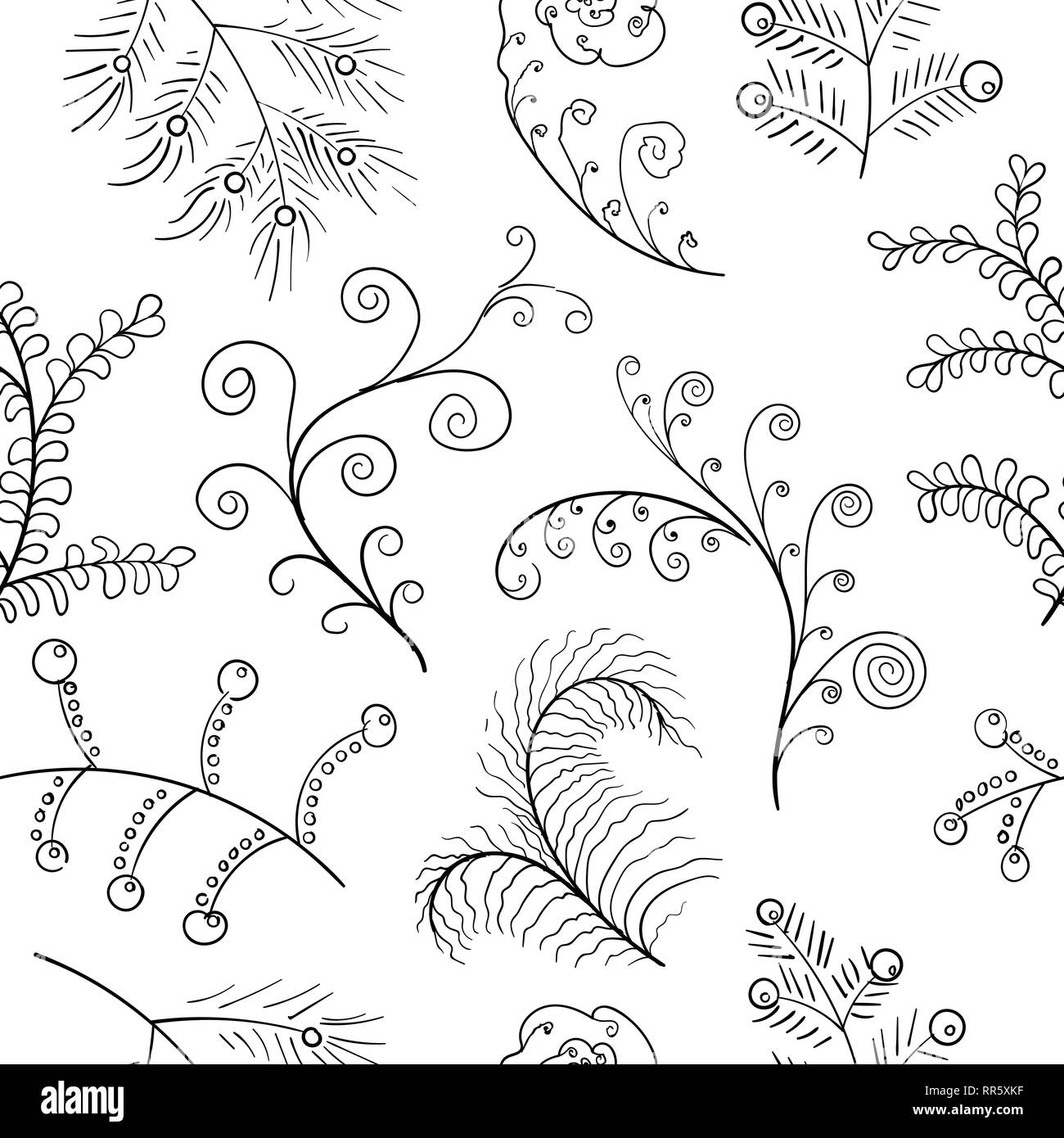 Black floral rustic symbols and elements on black hand drawing style ...