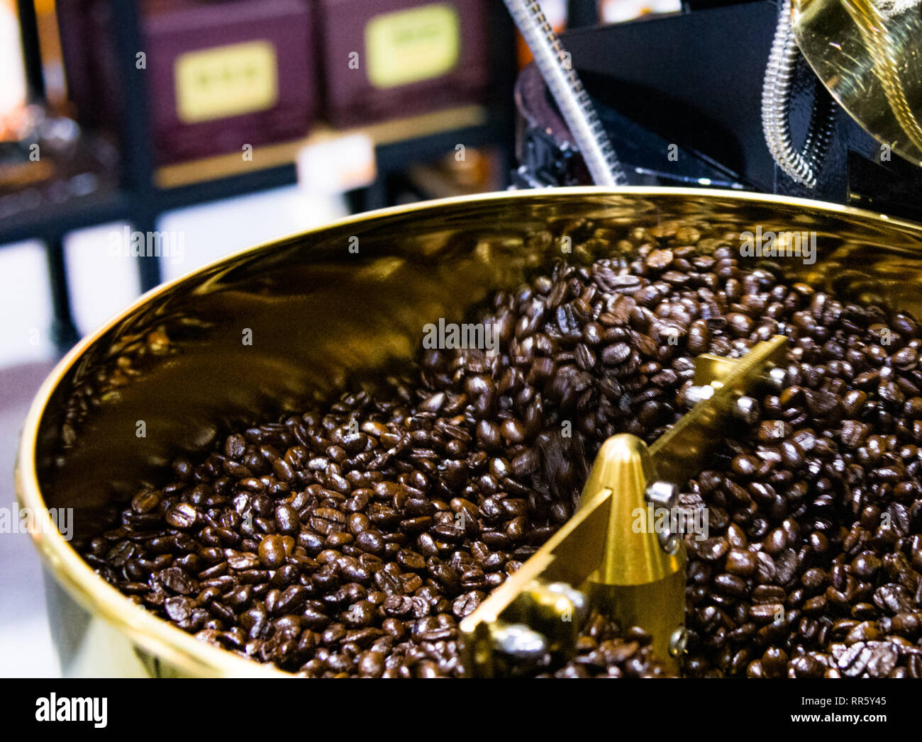 Roasted coffee in coffee roaster, arabica roasted coffee crop Stock ...