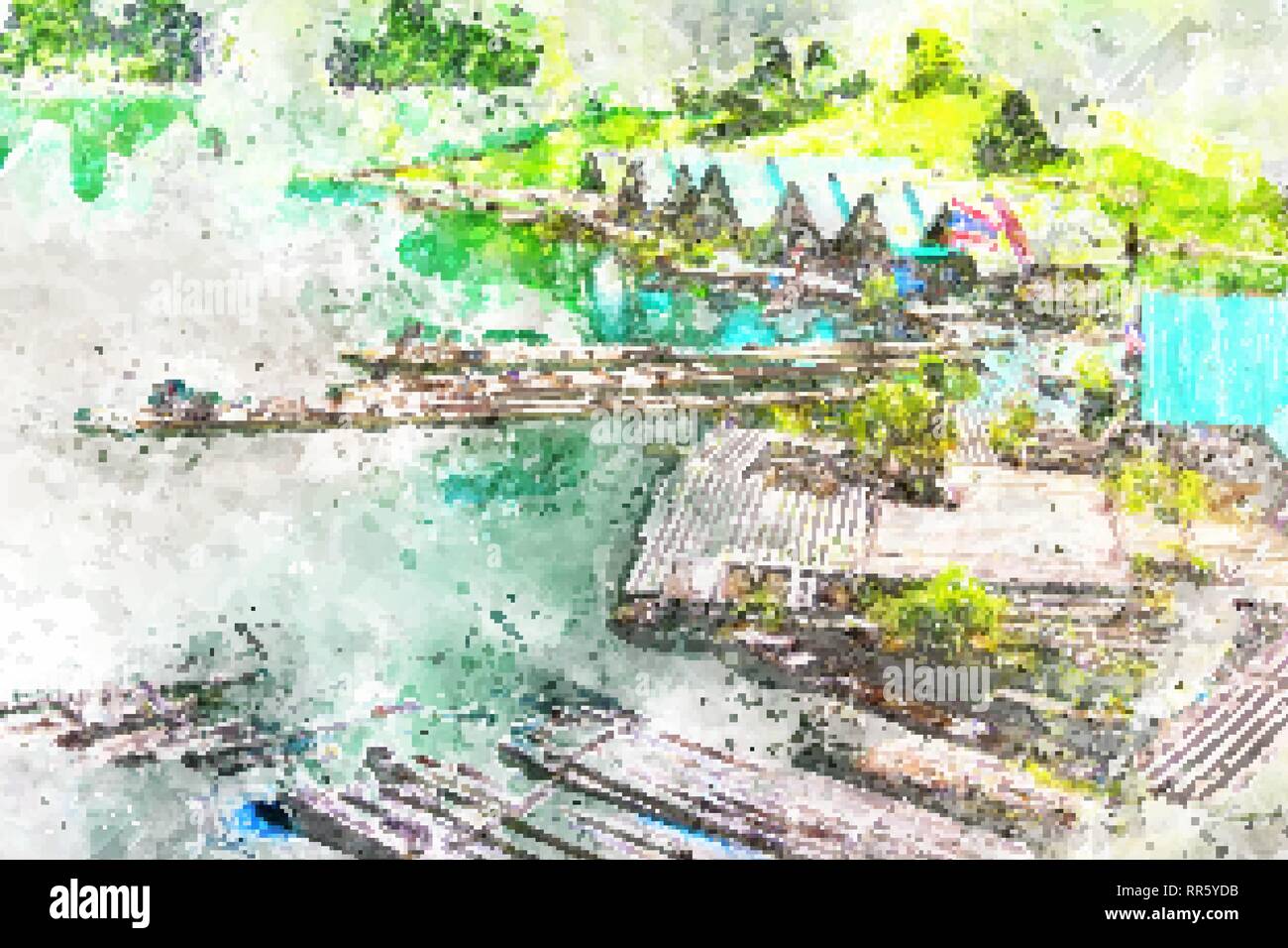 Bamboo rafting in the dam, with watercolor art Stock Vector Image & Art ...