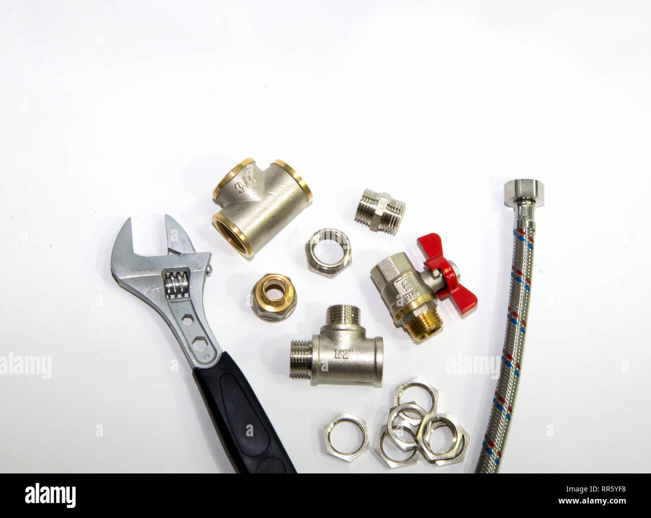 plumbing tools and equipment top view on white background Stock Photo ...