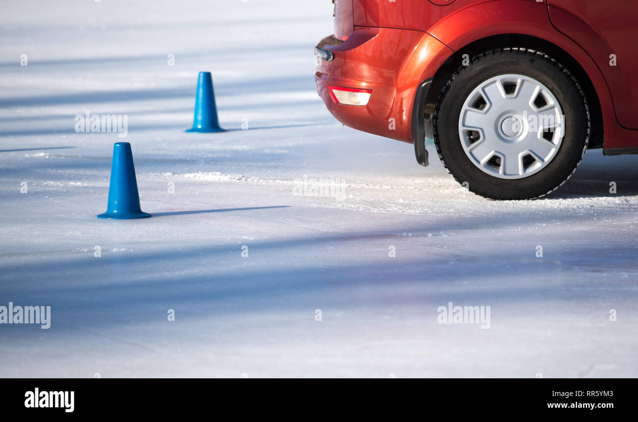 auto racing on ice close up, Winter tyres in extreme cold temperature ...