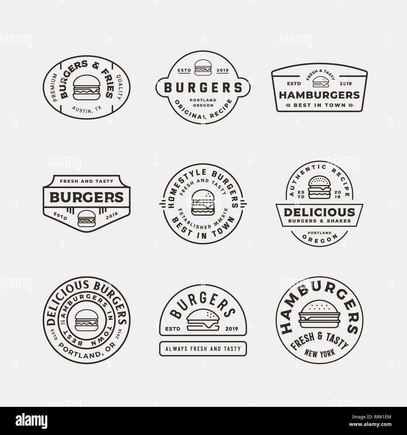set of burger logos. retro styled fast food emblems Stock Vector Image ...