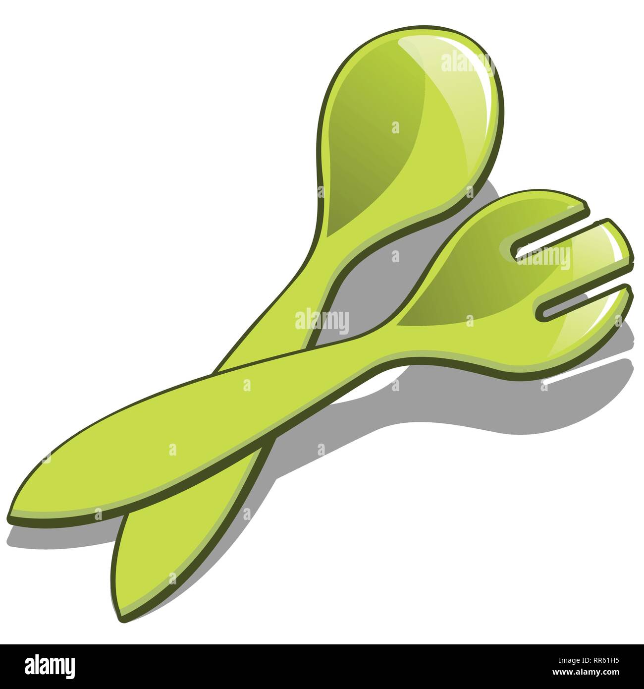 Plastic spoon and fork green color isolated on white background. Vector cartoon close-up ...