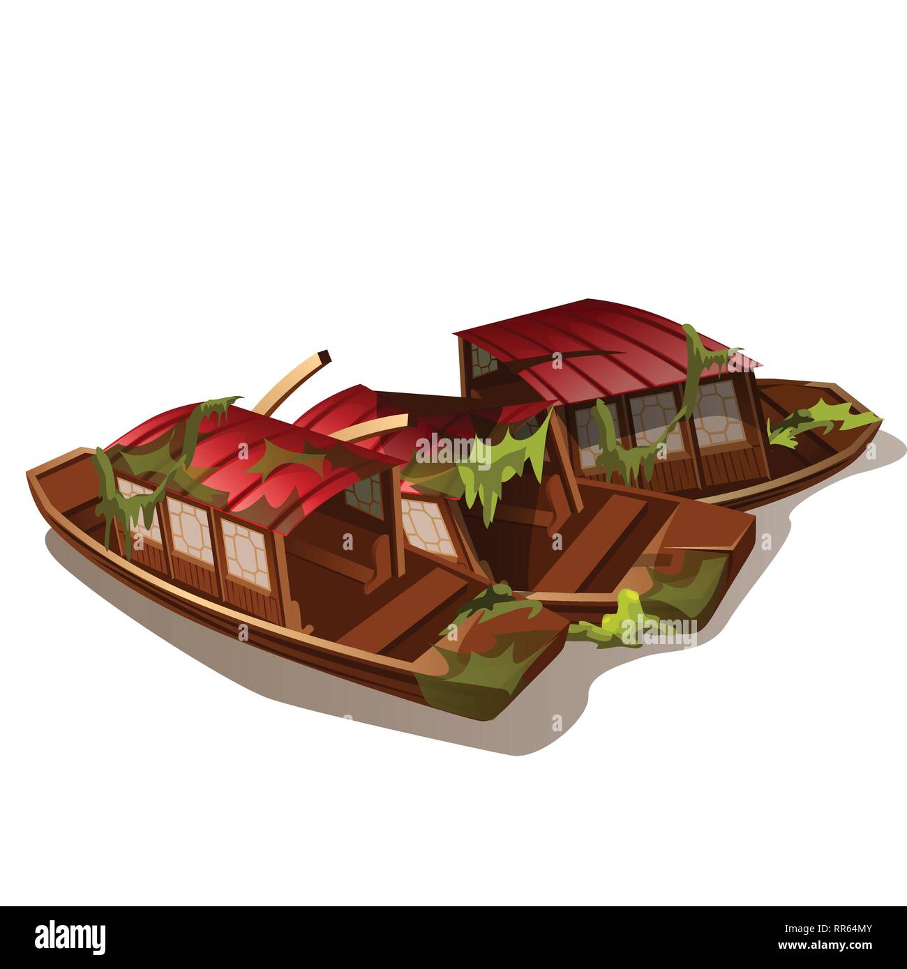 The wreckage of destroyed boats overgrown with ooze isolated on white ...