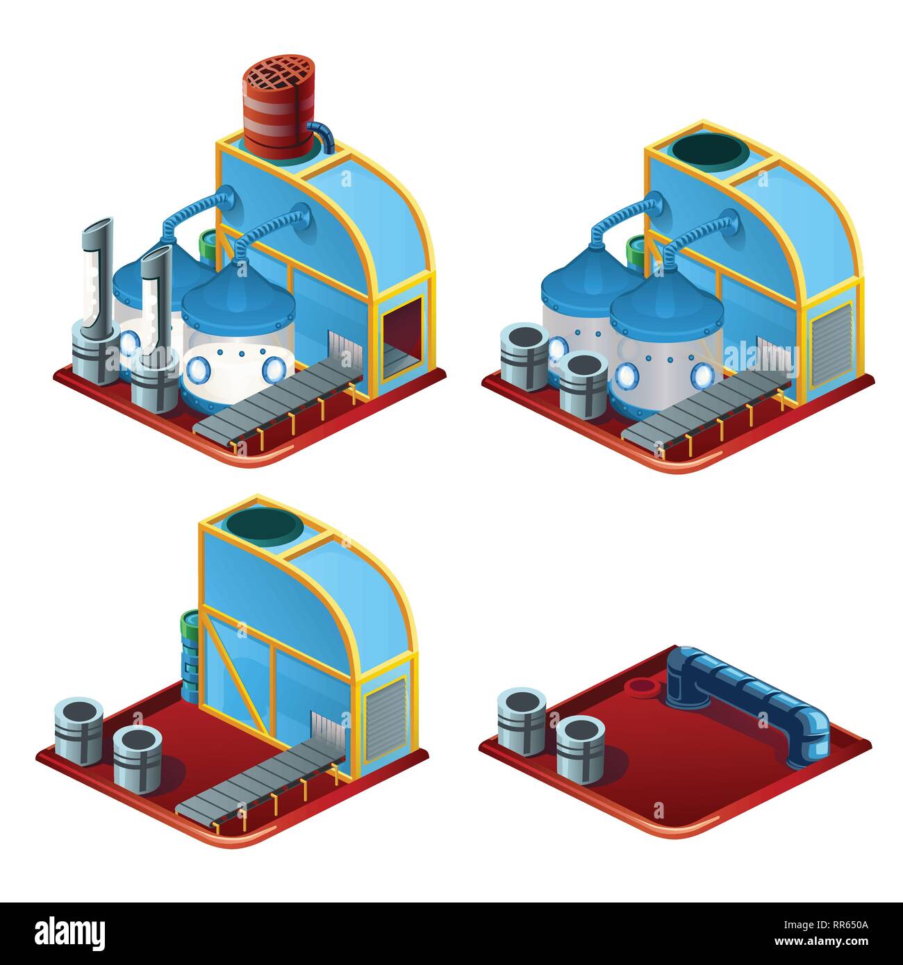 Stages of construction of the processing factory isolated on white ...