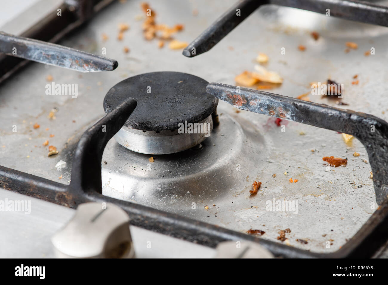 Dirty old kitchen gas burner. Fragment of a gas stove, close-up Stock ...