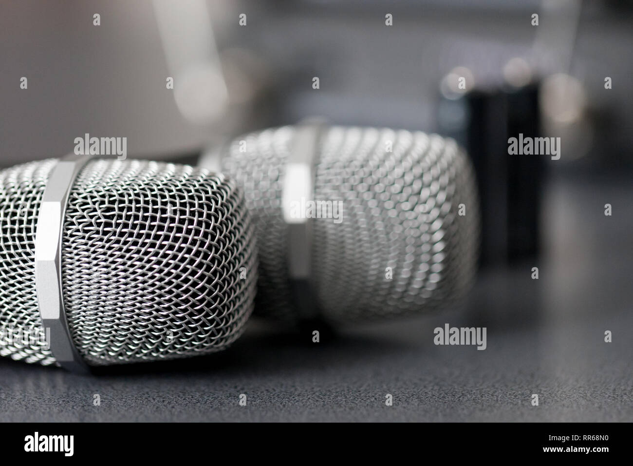 radio microphones. wireless sound transmission system. soft focus Two ...