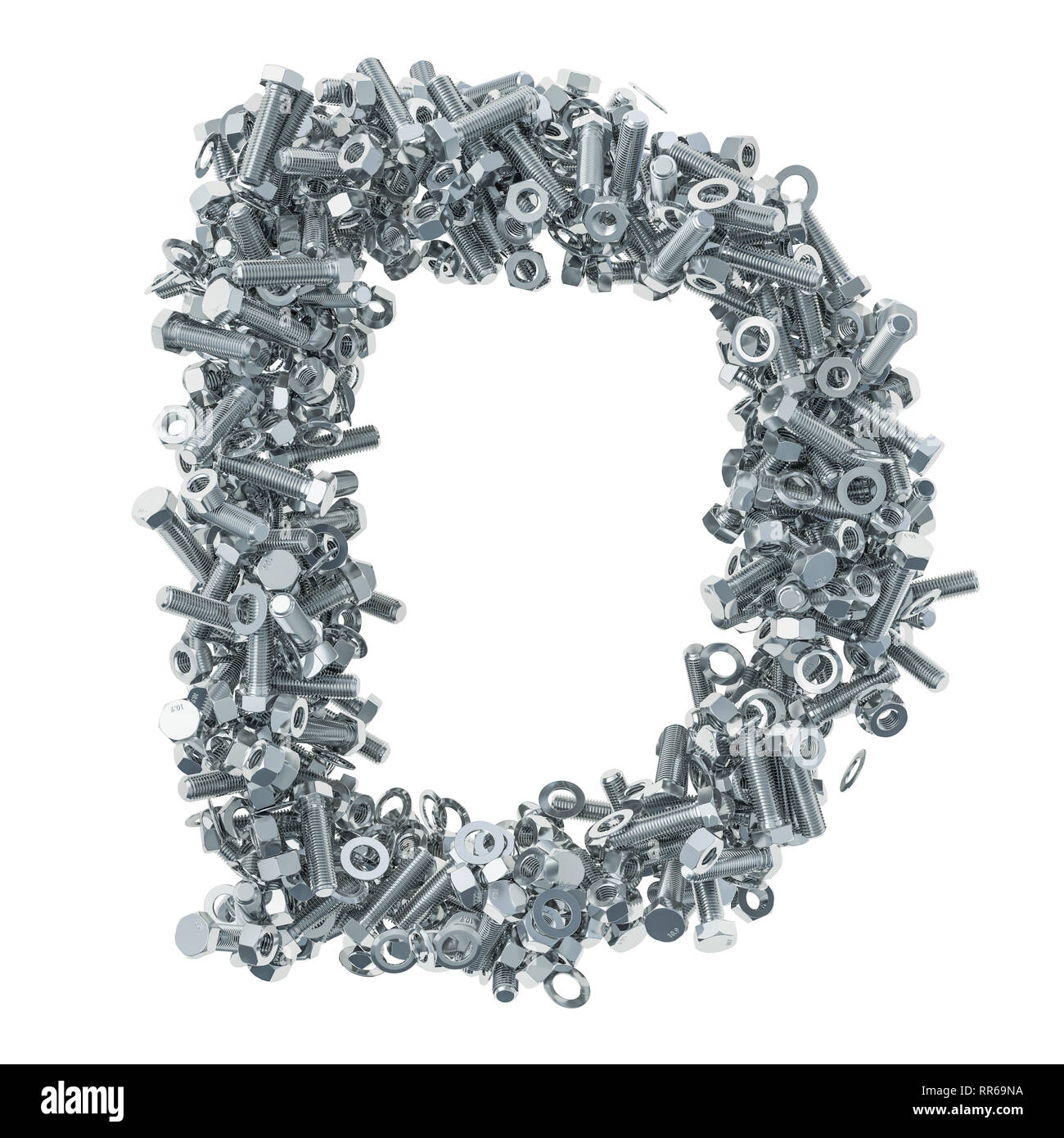 Alphabet letter D from bolts, nuts and washers. 3D rendering isolated ...