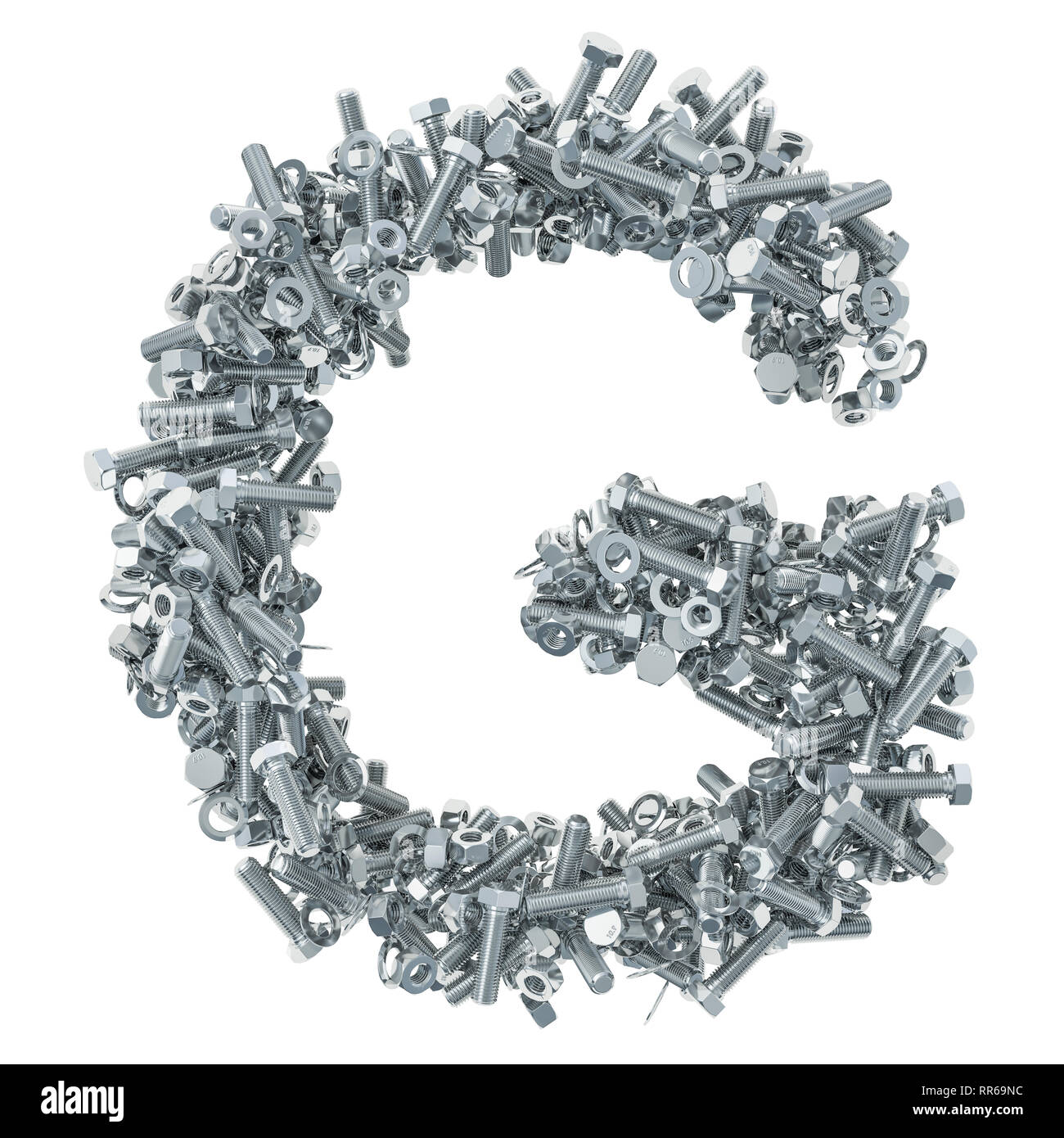 Alphabet letter G from bolts, nuts and washers. 3D rendering isolated ...