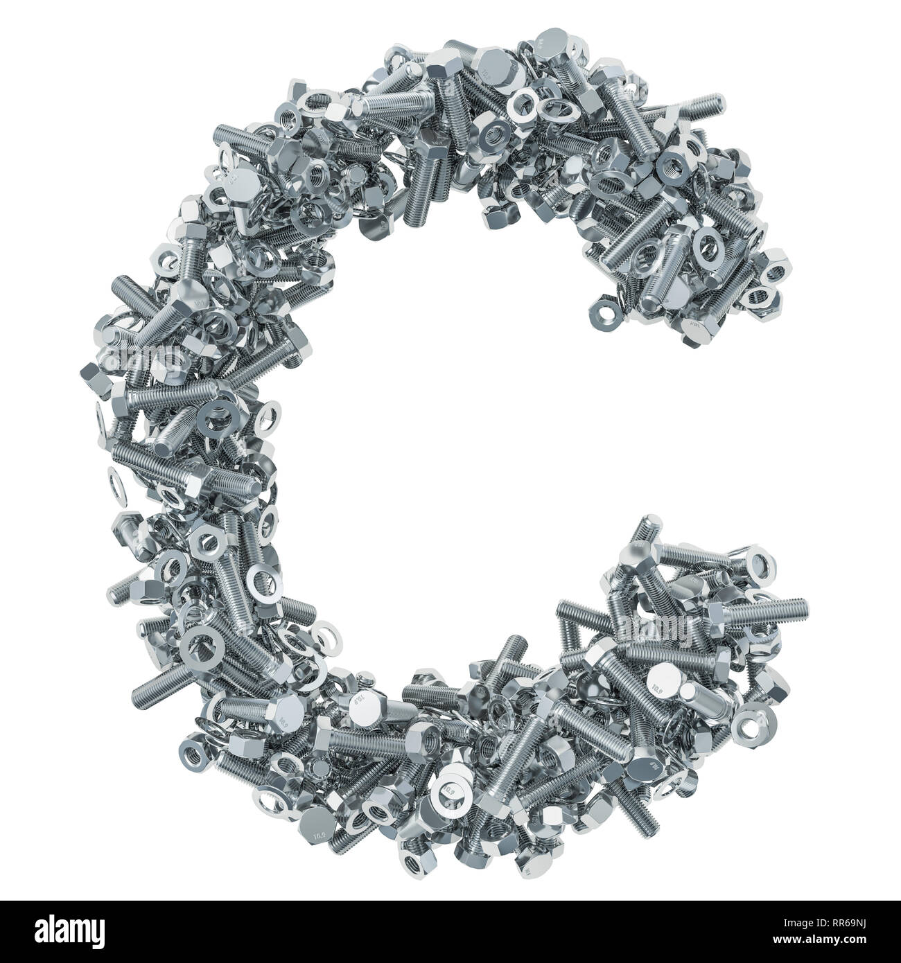 Alphabet letter C from bolts, nuts and washers. 3D rendering isolated ...