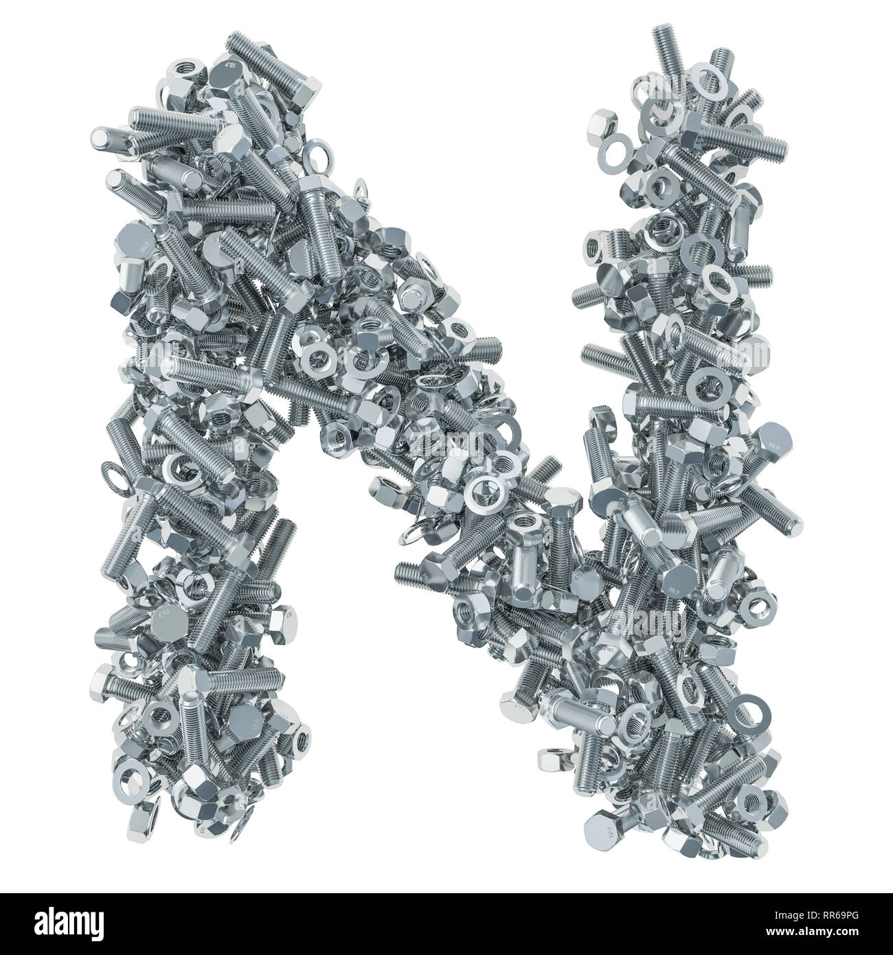 Alphabet letter N from bolts, nuts and washers. 3D rendering isolated ...