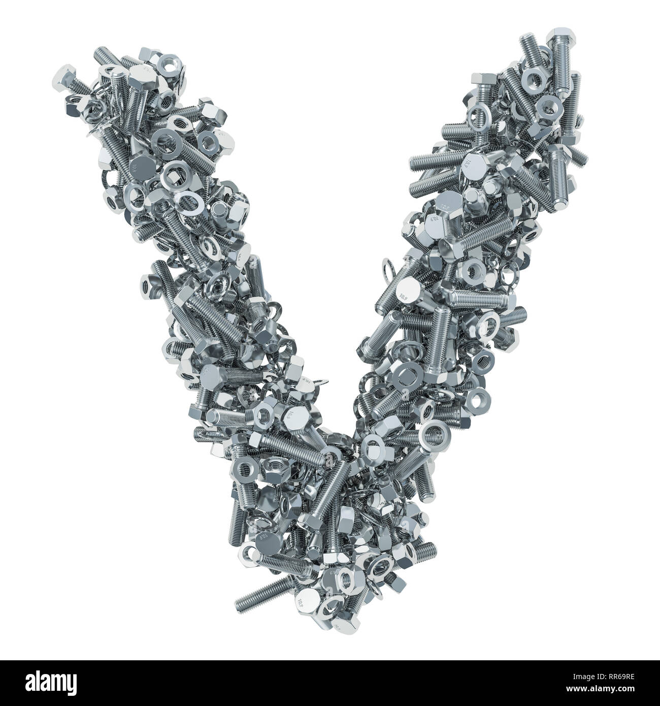 Alphabet letter V from bolts, nuts and washers. 3D rendering isolated ...