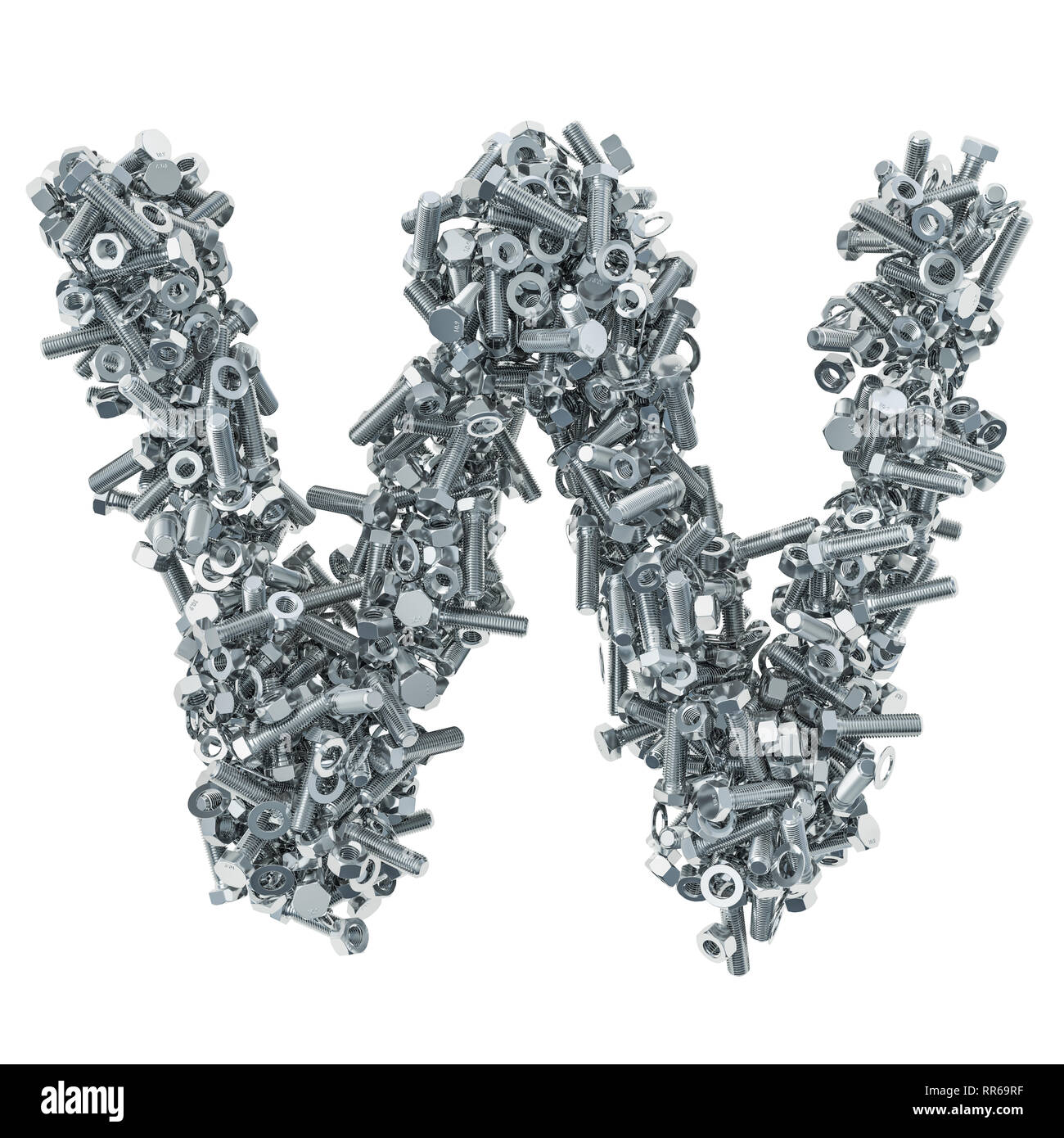Alphabet letter W from bolts, nuts and washers. 3D rendering isolated ...