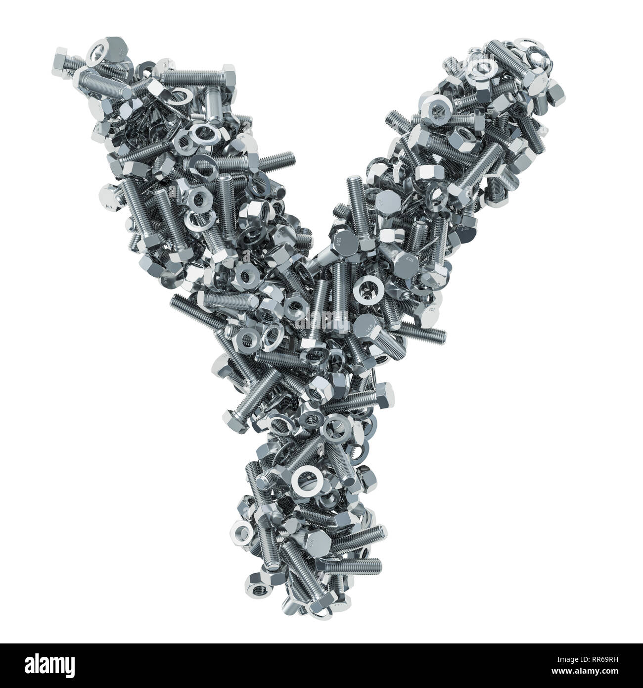 Alphabet letter Y from bolts, nuts and washers. 3D rendering isolated ...