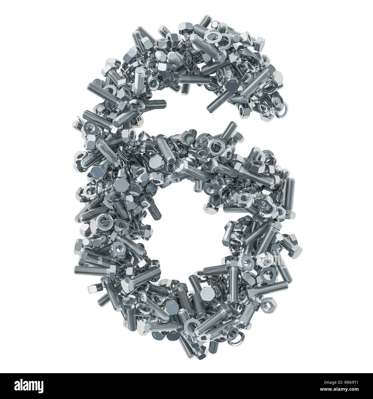 Number 6 from bolts, nuts and washers. 3D rendering isolated on white ...