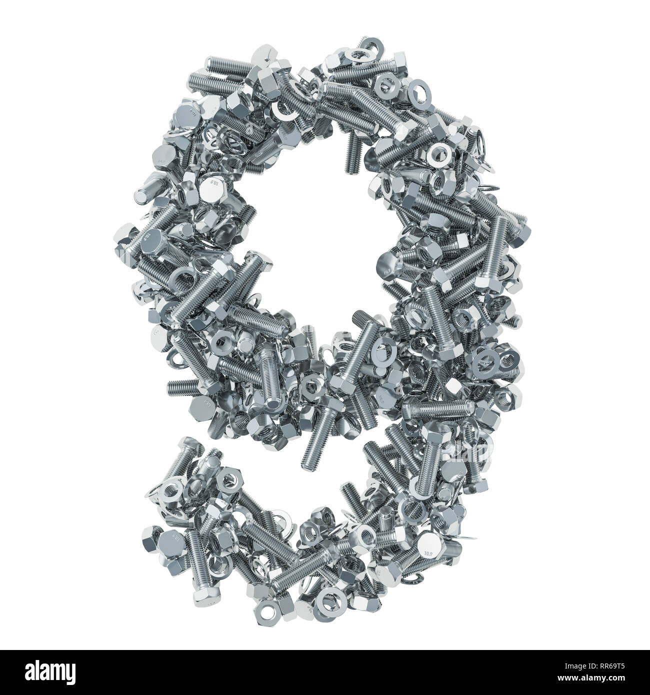 Number 9 from bolts, nuts and washers. 3D rendering isolated on white ...