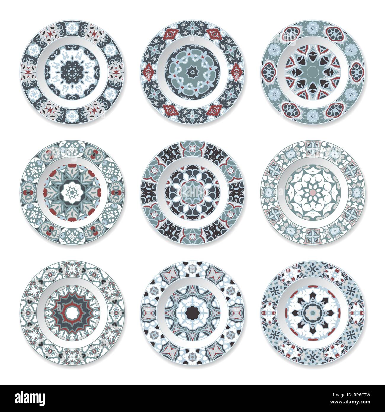Set of nine decorative plates with a circular blue pattern, top view ...